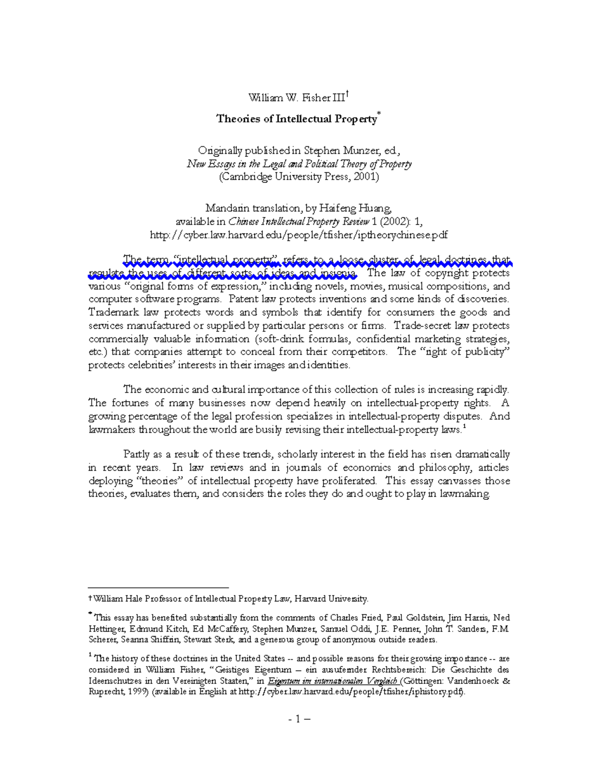 Fisher IP Theories of Intellectual property - William W. Fisher III ...