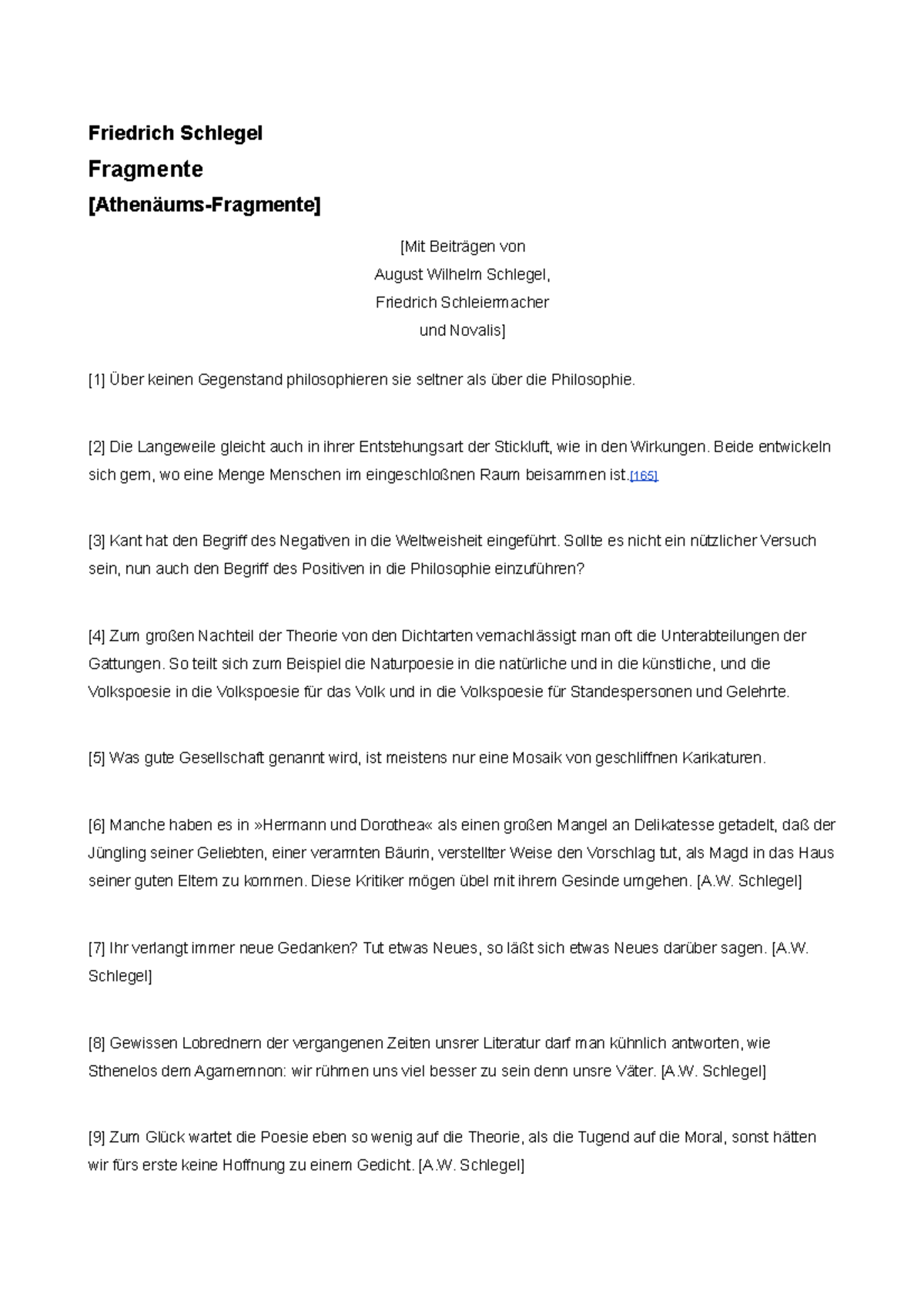 Athenaeum - „Athenäum“, alcuni Fragmente - Friedrich Schlegel Fragmente ...