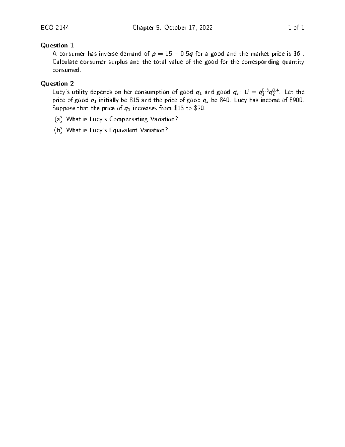 Numerical Questions Ch5 (Part 1) - ECO 2144 Chapter 5. October 17, 2022 ...