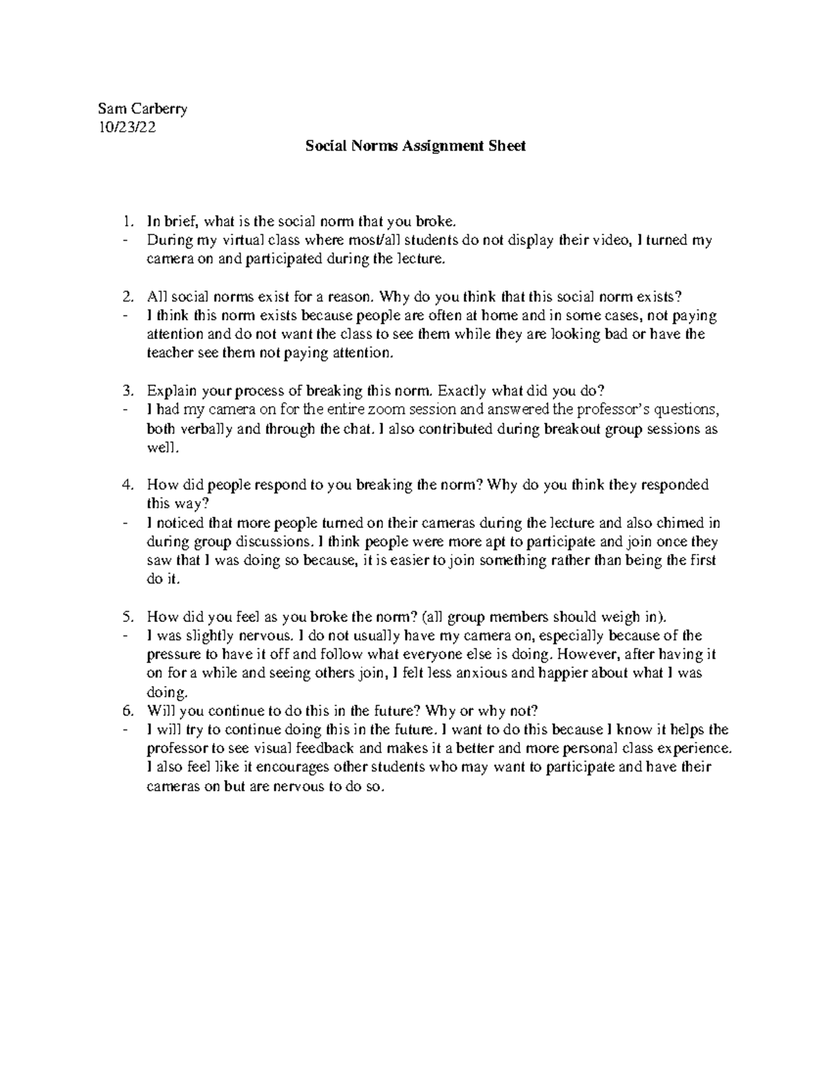 social norms essay- kurtz - Sam Carberry 10/23/ Social Norms Assignment ...