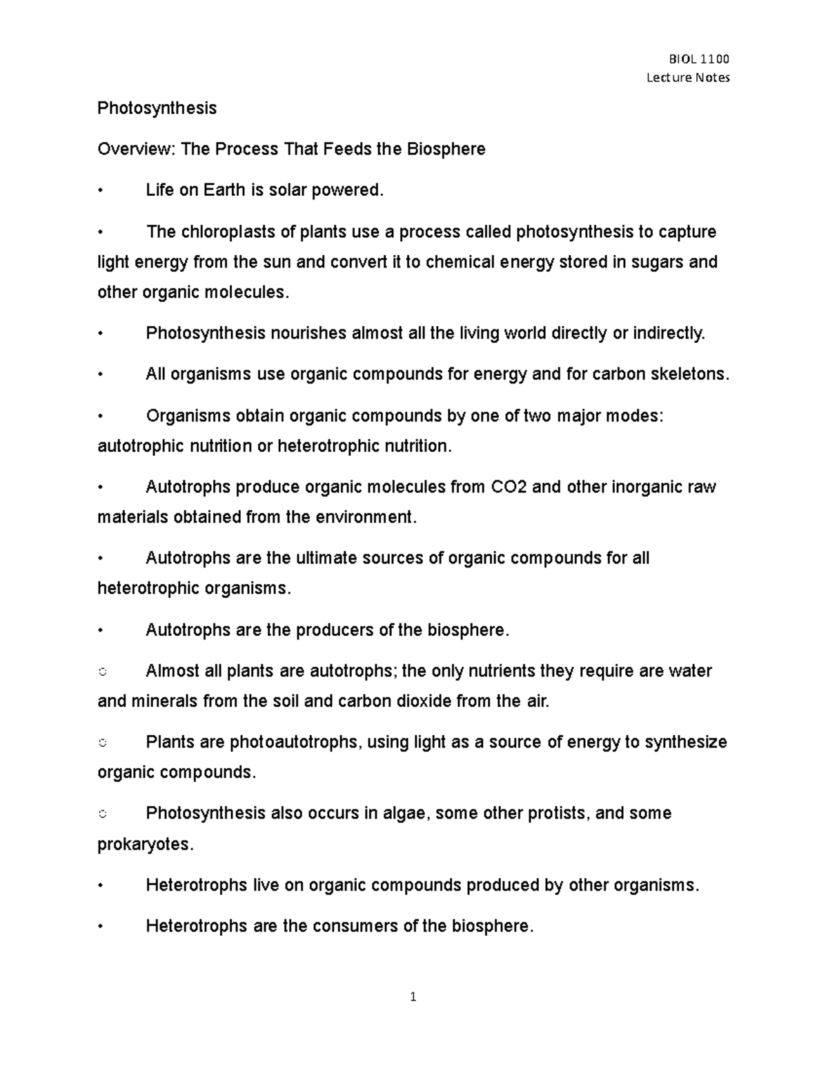 2021 BIOL1100 Lecture Notes Photosynthesis 1 - Photosynthesis Overview ...