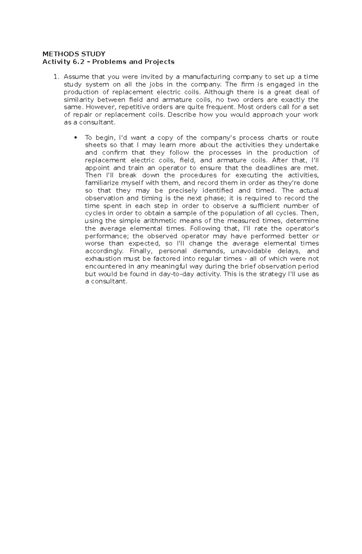 Operations Management - METHODS STUDY Activity 6 – Problems and ...