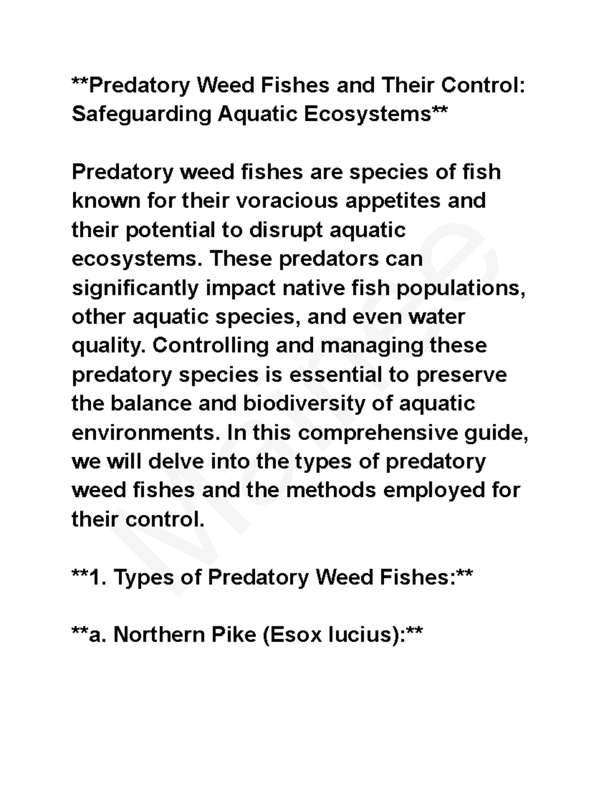 Predatory Weed Fishes and Their Control Safeguarding Aquatic Ecosystems ...