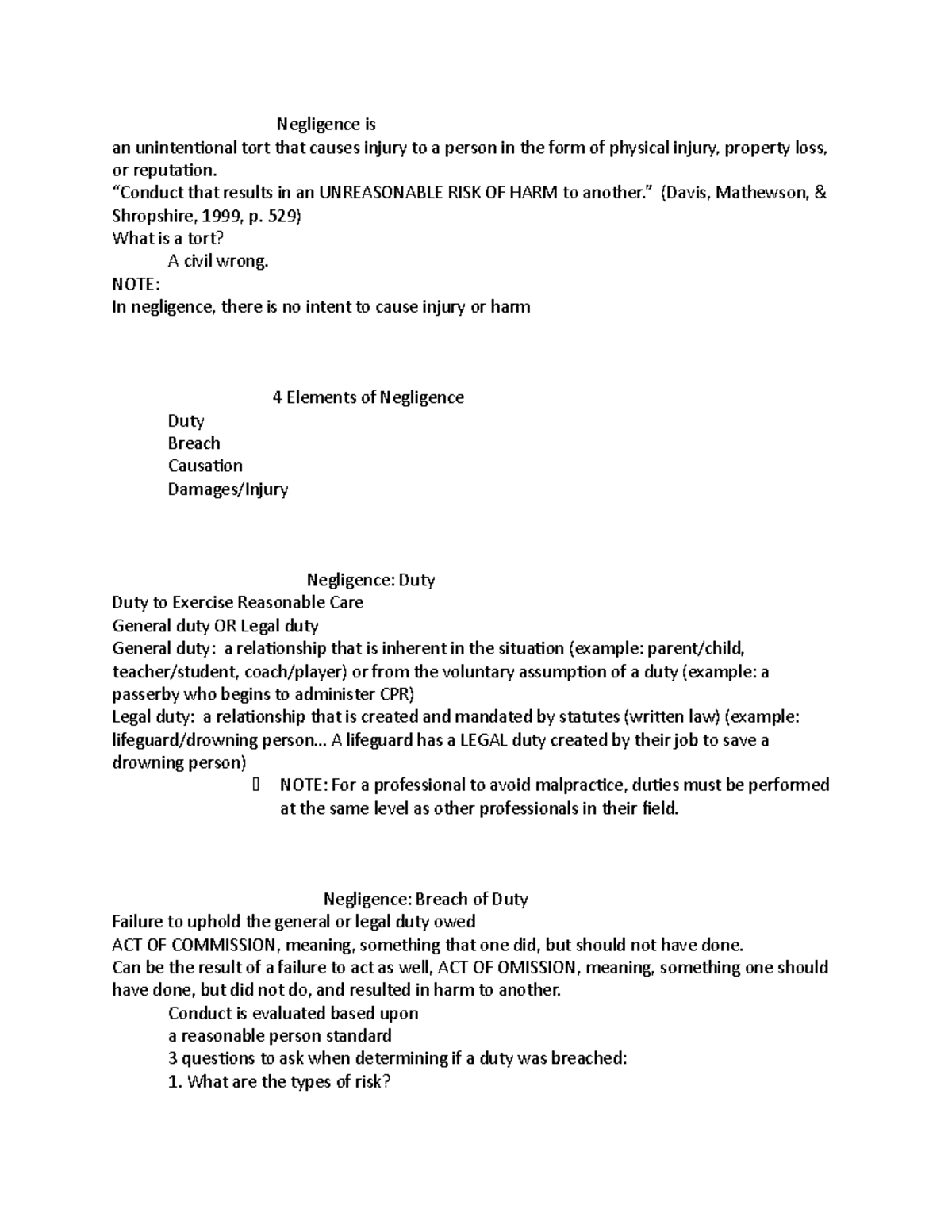 RSM 337 Negligence - Negligence is an unintentional tort that causes ...