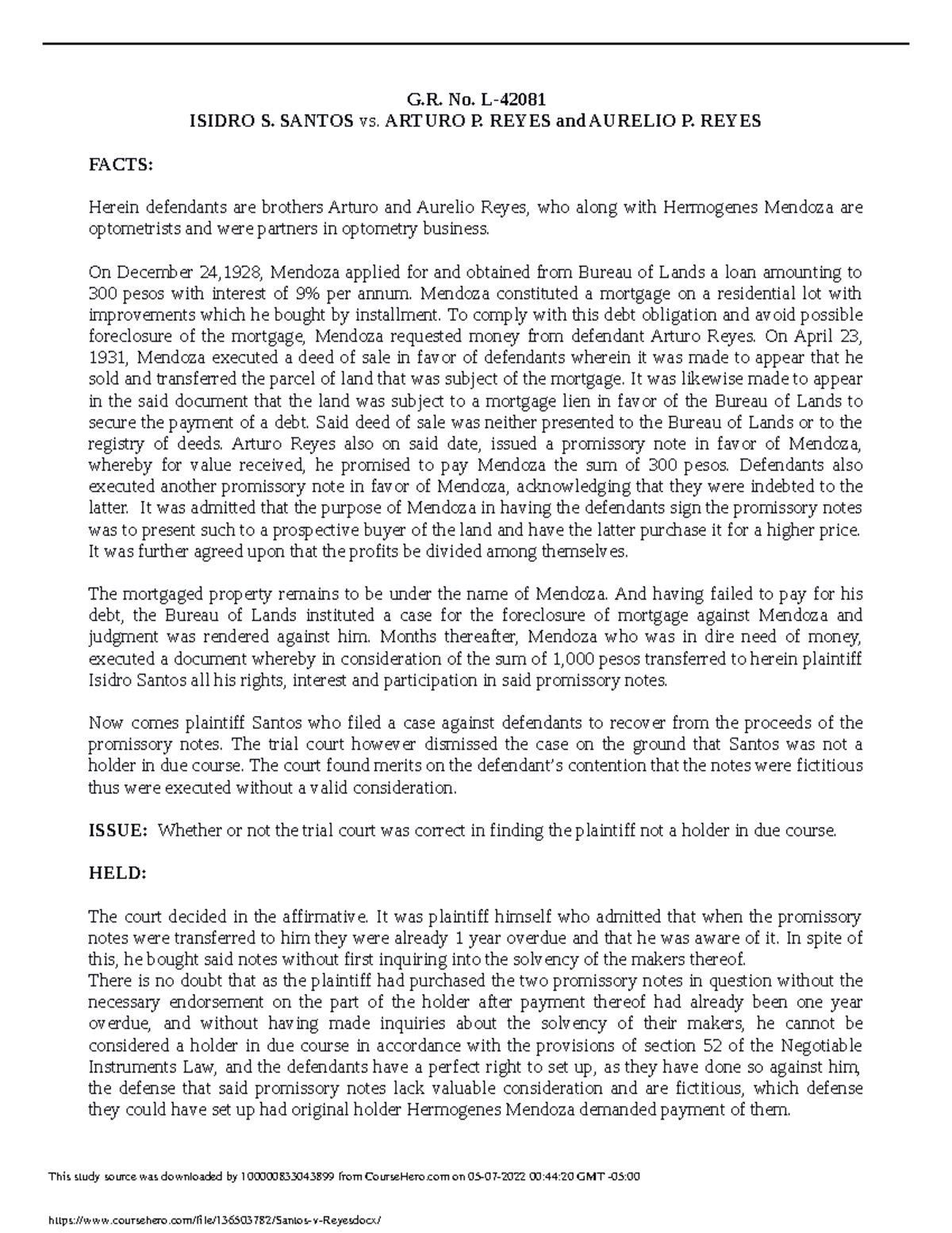 This is a case digest of G.R. No. L-42081 ISIDRO S. SANTOS vs. ARTURO P ...