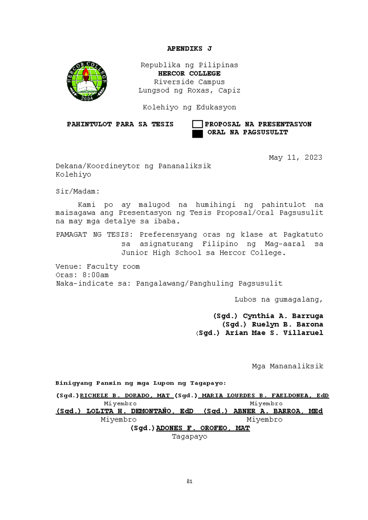 23 - Appendix-J - appendix k - APENDIKS J Republika ng Pilipinas HERCOR COLLEGE Riverside Campus ...