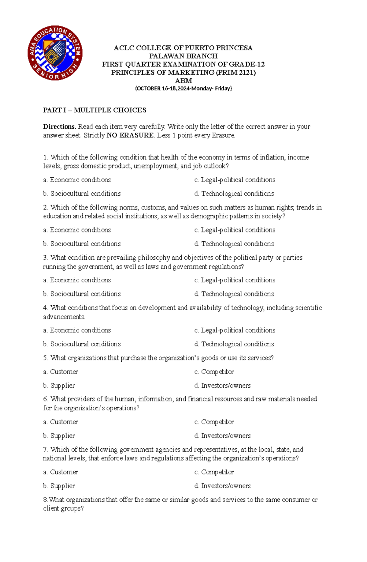 First Quarter EXAM PRIM 2121 - ACLC COLLEGE OF PUERTO PRINCESA PALAWAN ...