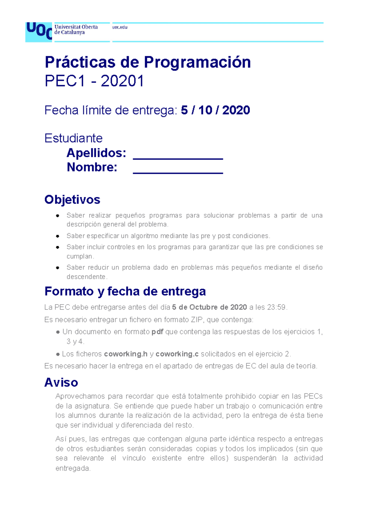 PEC1 solucion - en español - Prácticas de Programación PEC1 - 20201 ...