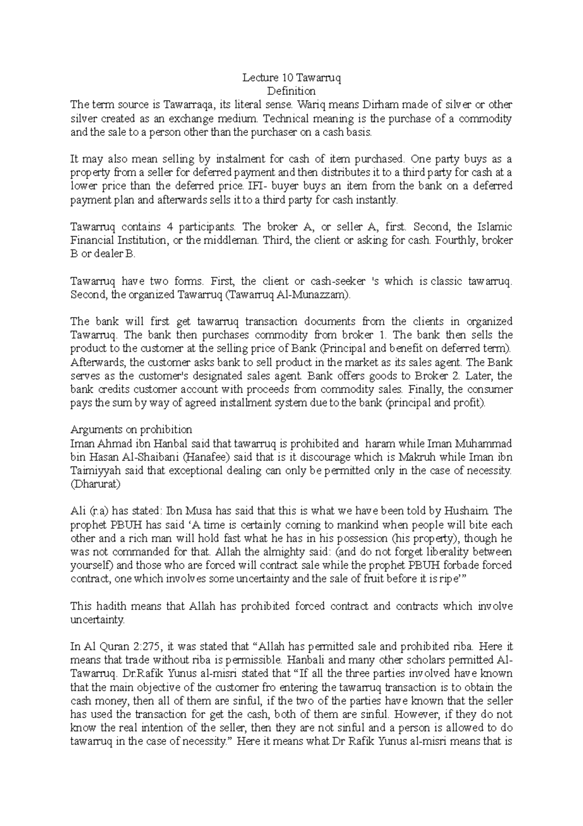 Tawarruq - Lecture 10 Tawarruq Definition The term source is Tawarraqa ...