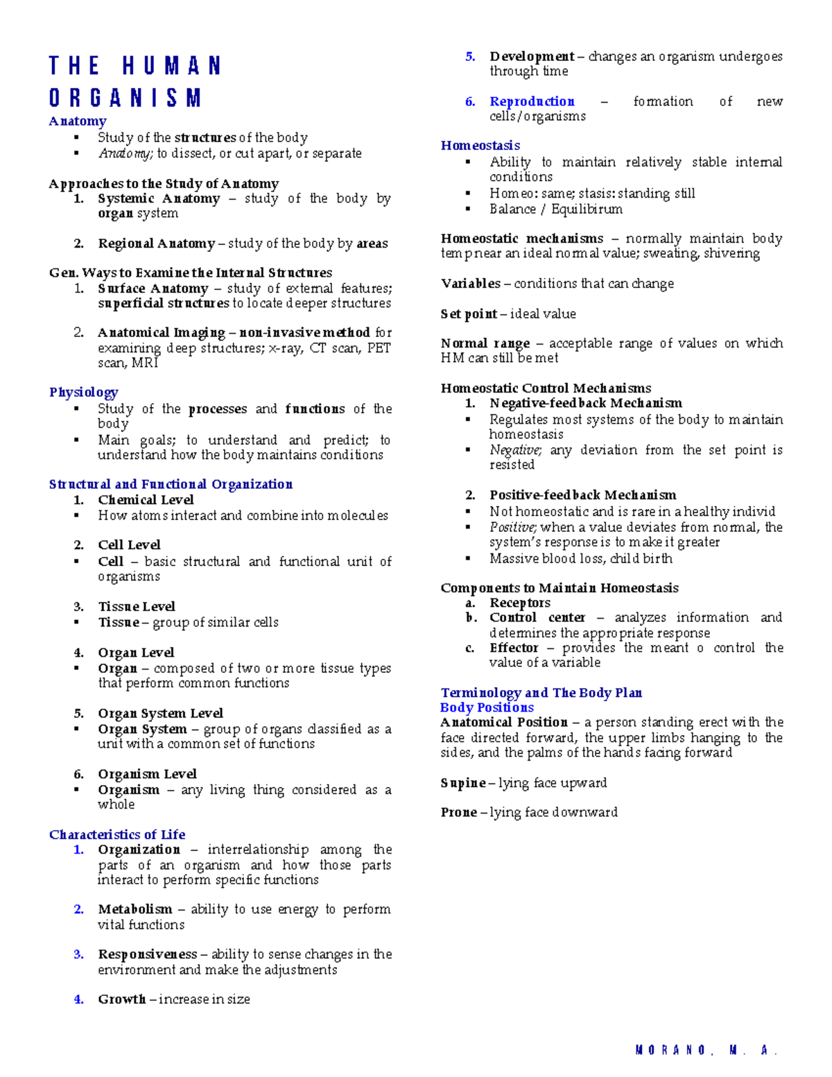 1 The Human Organism - CHEAT SHEETS - M o r a n o , M. A. T H E H U M A ...