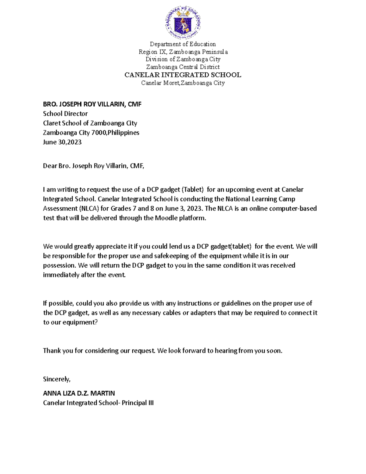 Request- Letter-DCP - LETTER - Department of Education Region IX ...