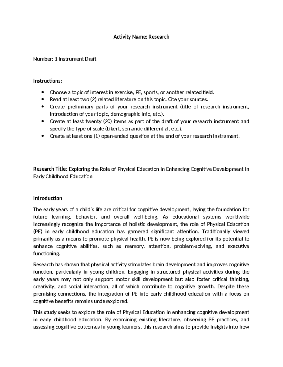 Activity for Research Instruments - Activity Name: Research Number: 1 ...