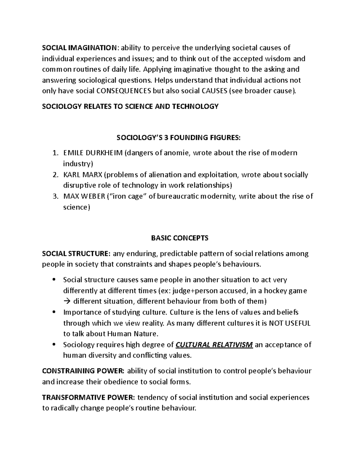 SOCI CH1 Notes - terms - SOCIAL IMAGINATION: ability to perceive the ...