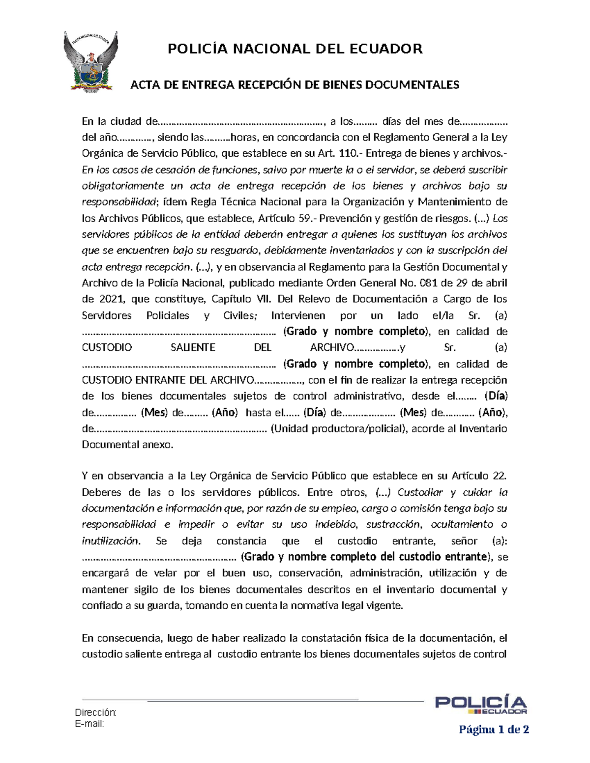 11. Acta entrega recepción de bienes documentales - Página 1 de 2 ...