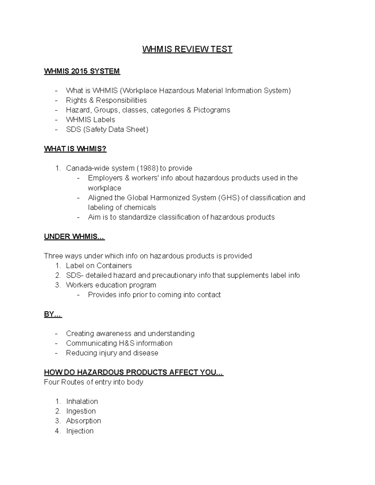 Whmis Review TEST - WHMIS REVIEW TEST WHMIS 2015 SYSTEM What is WHMIS ...