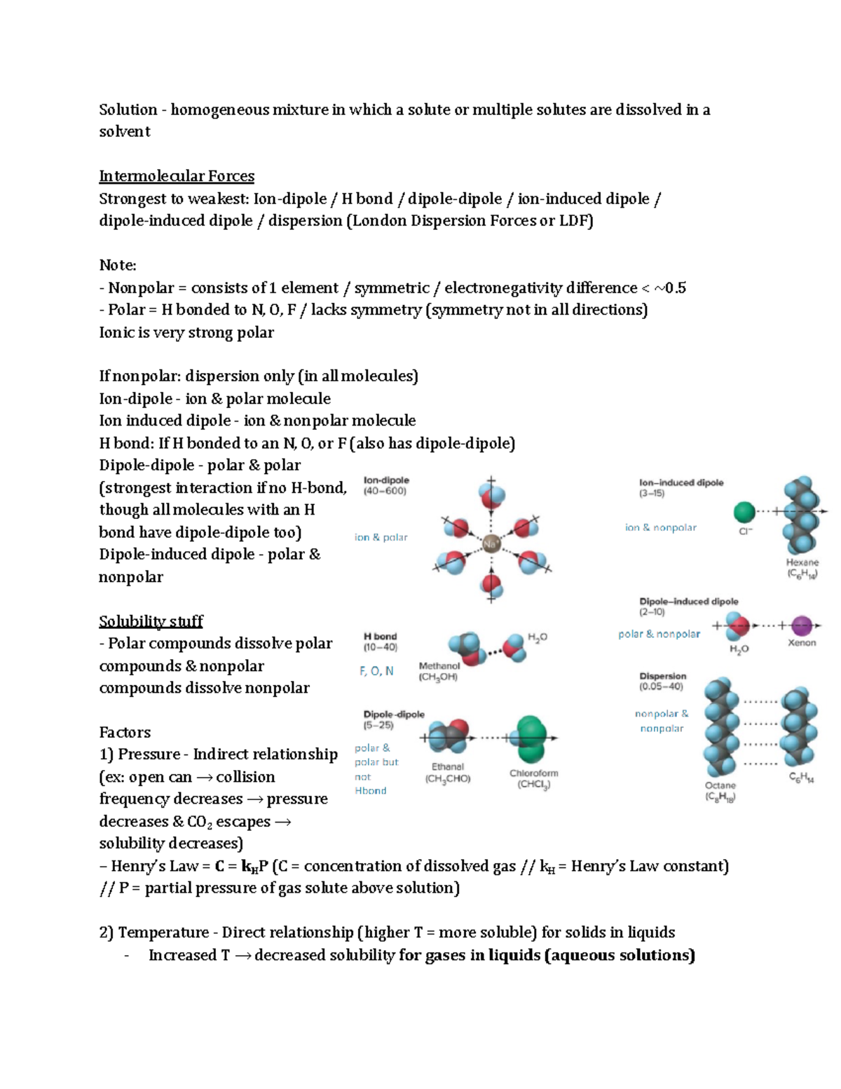 1 - IMF & Solubility Notes - Solution - homogeneous mixture in which a ...
