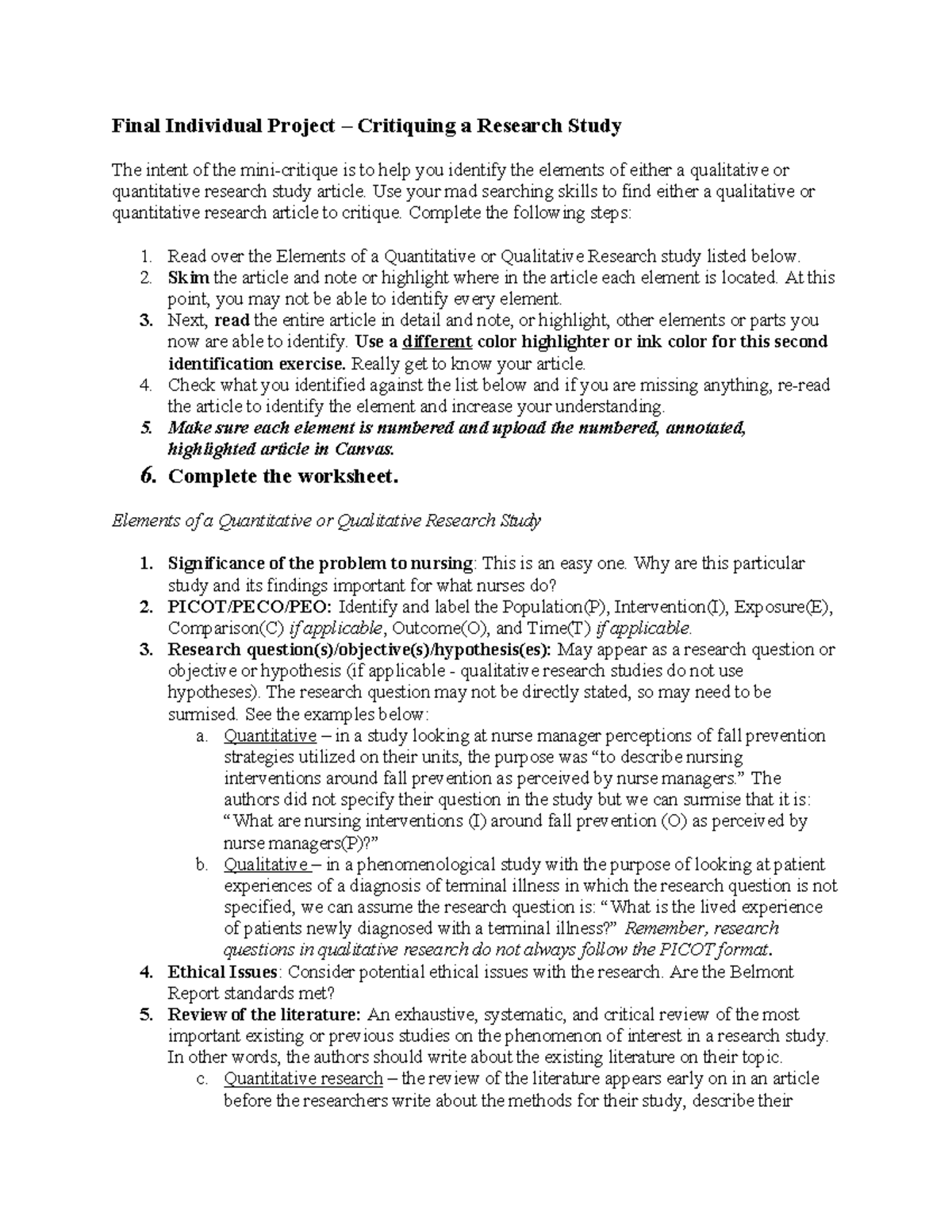 Elements of a Research Article - Final Individual Project – Critiquing ...