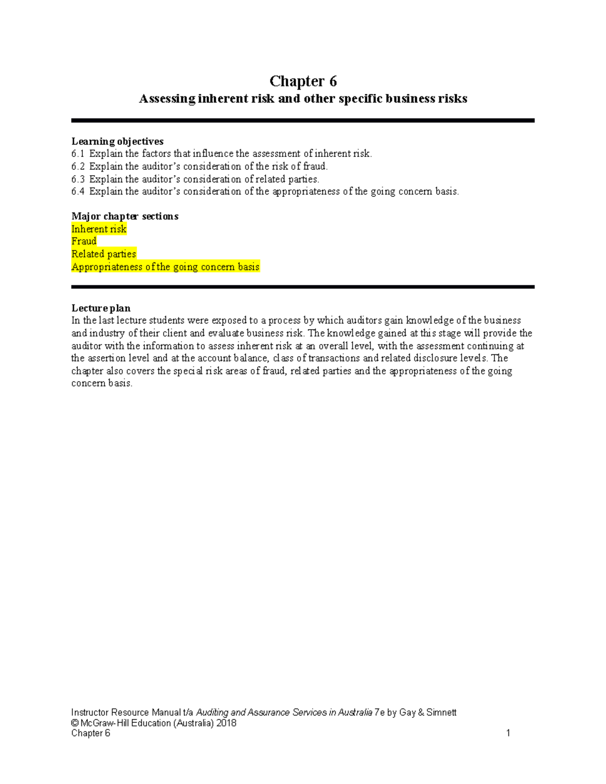 Chapter 6 Topic 5 Assessing inherent risk and other specific business ...