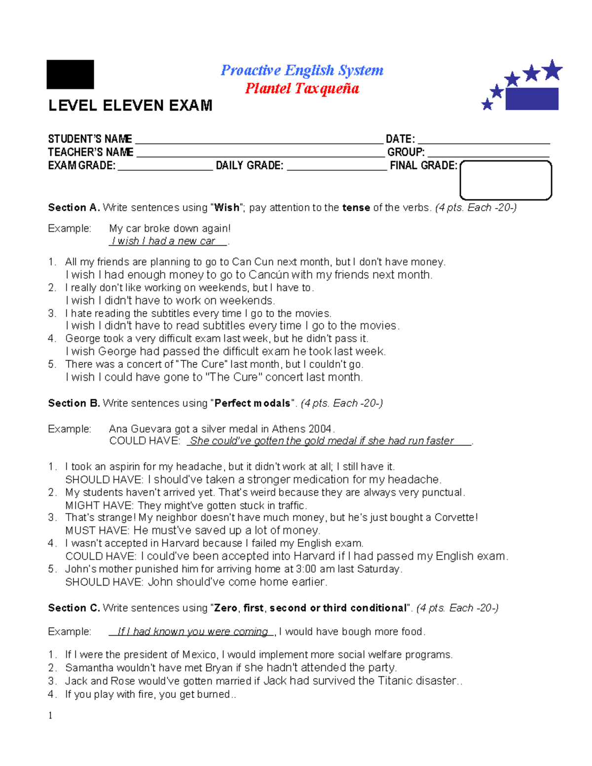 Level 11 - Examen ingles - Proactive English System Plantel Taxqueña ...