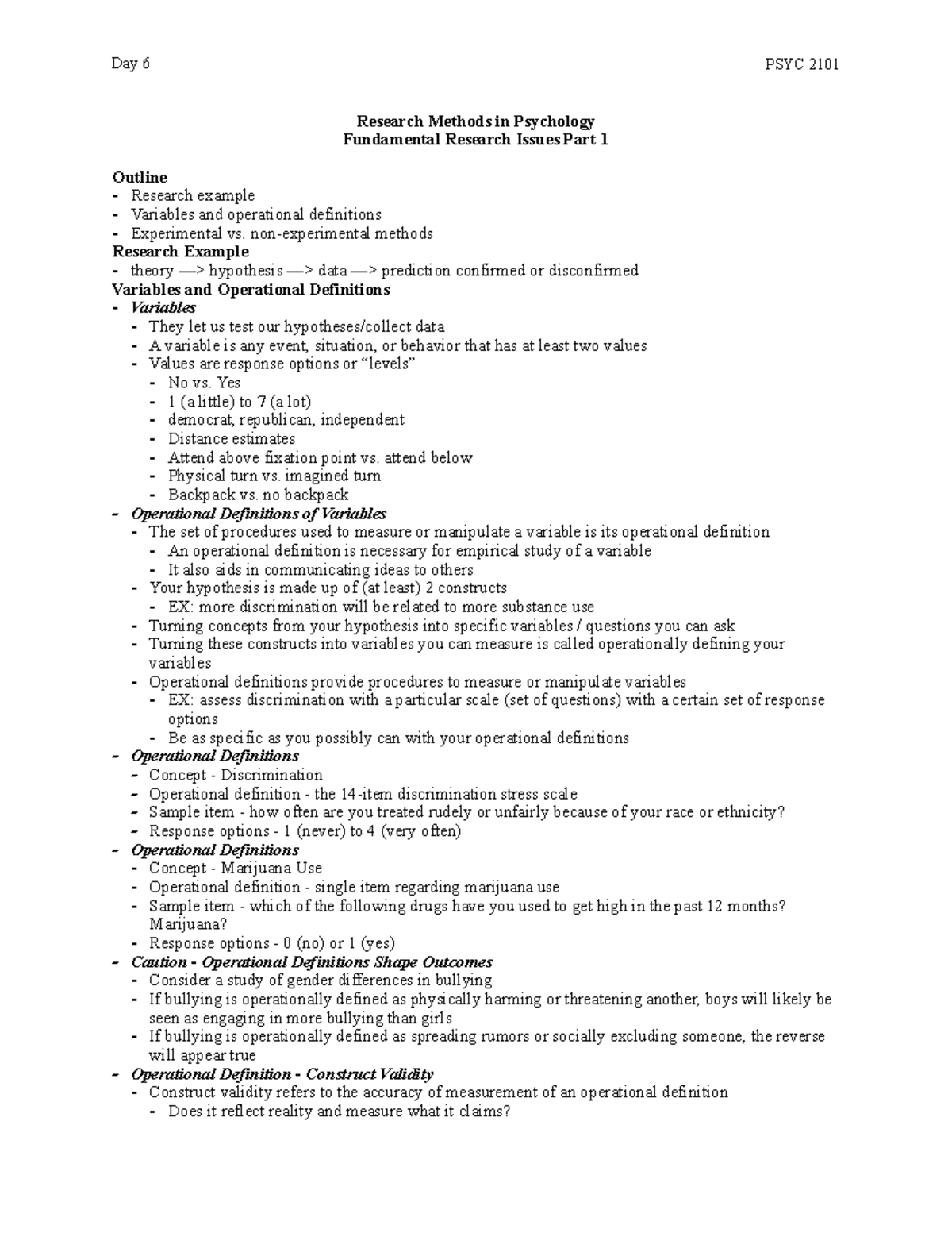 PSYC 2101 - Day 6 - Lecture notes 6 - Day 6 PSYC 2101 Research Methods ...