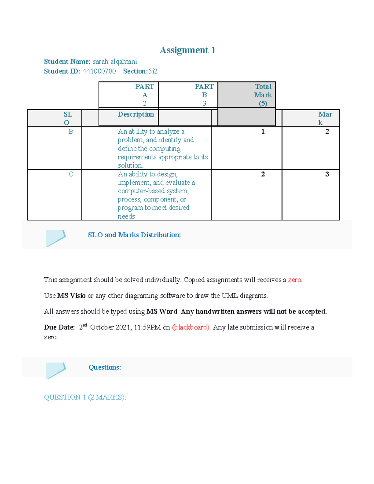 IS323 Assignment 1 1st Term 2021 - Assignment 1 Student Name: sarah ...