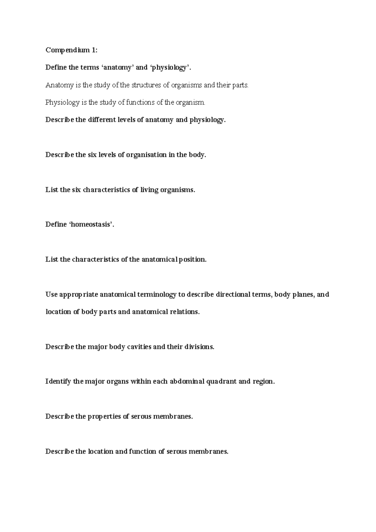 Compendium 1 lecture notes - Compendium 1: Define the terms ‘anatomy ...