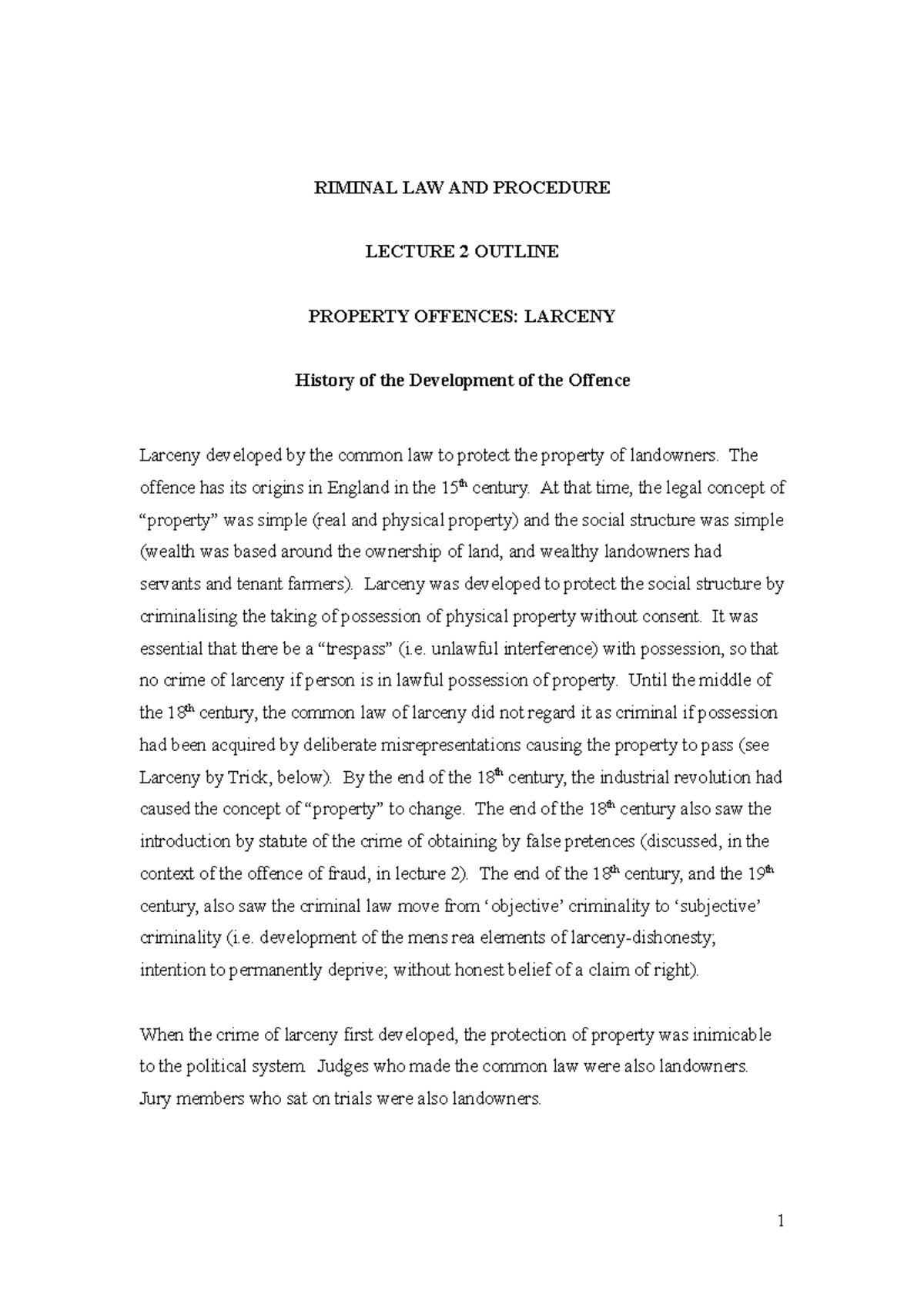 Lecture 2 Larceny outline (Pt 1) course - LAWS1014 - USyd - Studocu