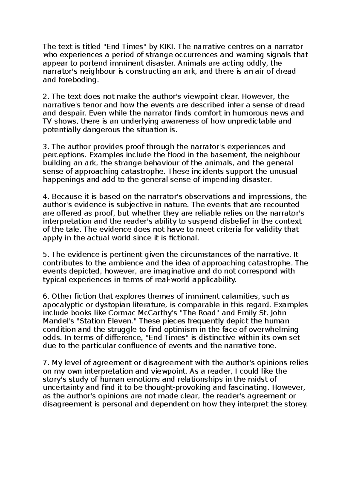 Written Assignment Unit 2 - The text is titled "End Times" by KIKI. The ...