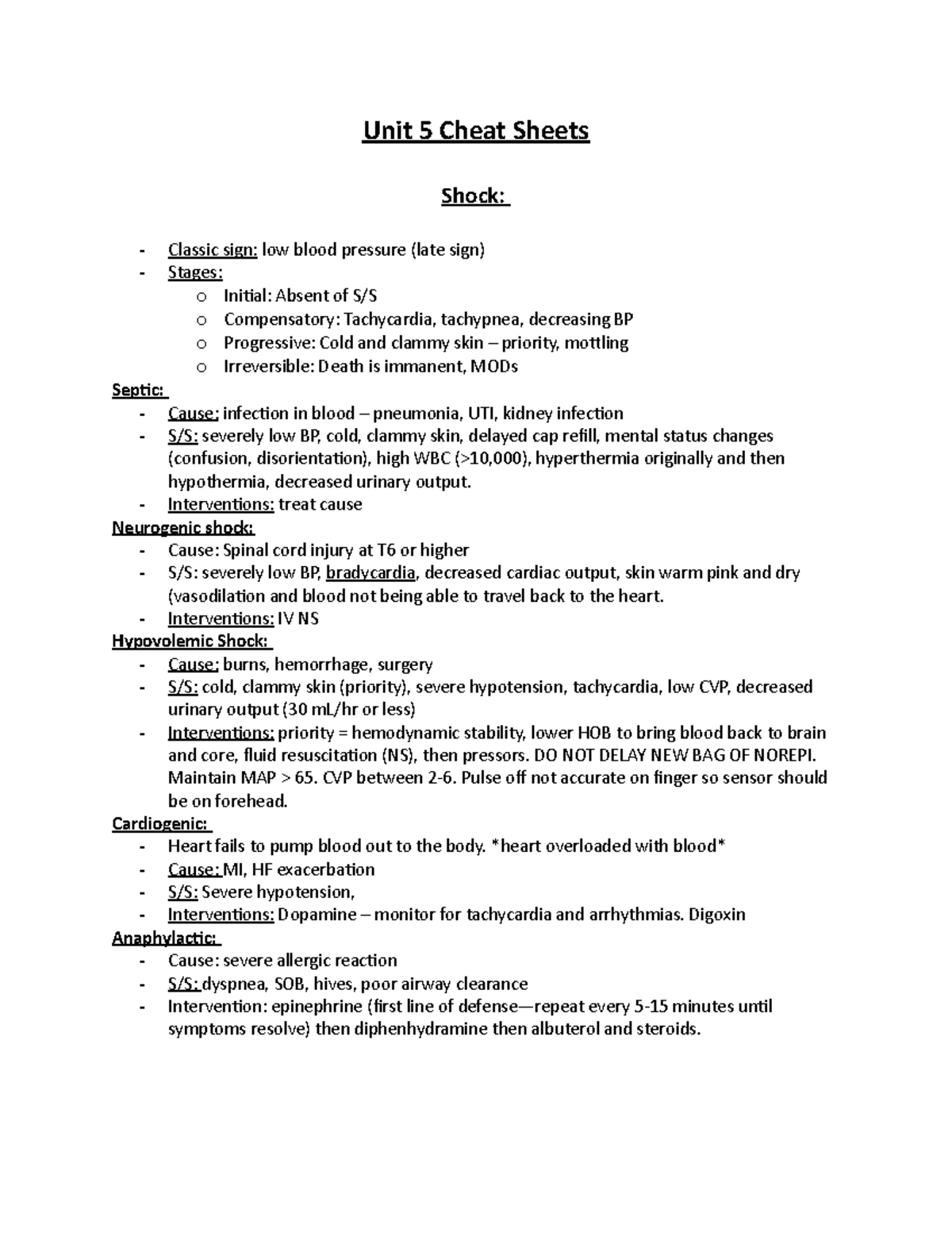 Unit 5 Cheat Sheets - Hemodynamics, homeostasis, safety - Unit 5 Cheat Sheets Shock: Classic ...