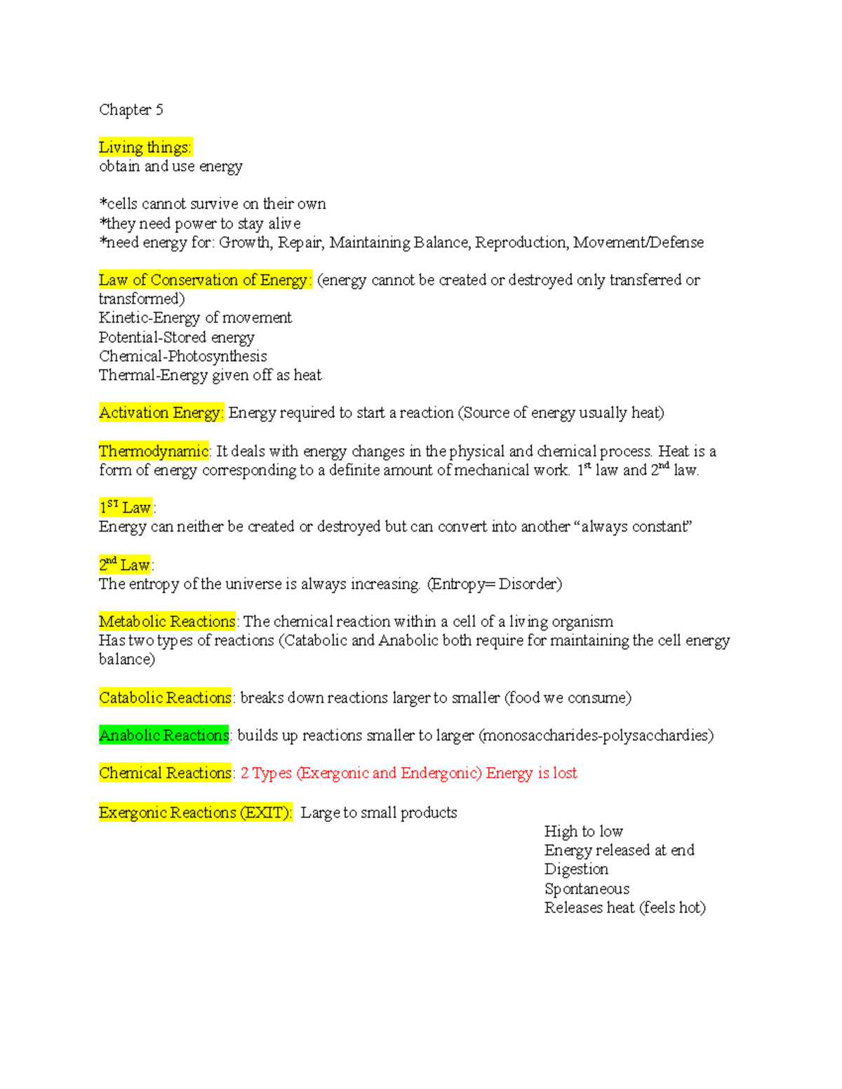 Bio - bio test - Chapter 5 Living things: obtain and use energy *cells ...