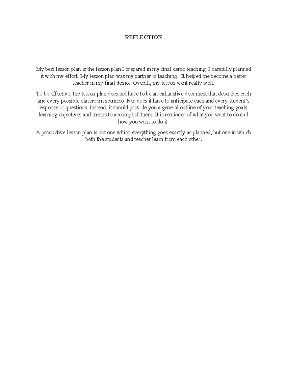 Reflection best lesson plan - REFLECTION My best lesson plan is the ...