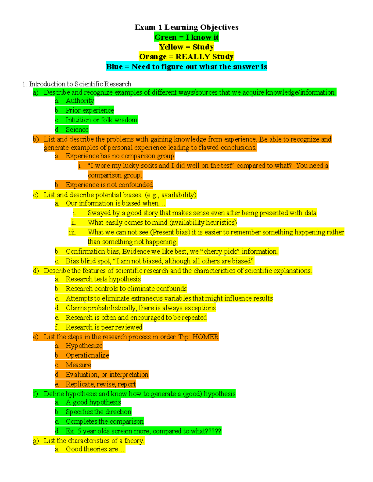 Exam 1 Learning Objectives - Exam 1 Learning Objectives Green = I know ...