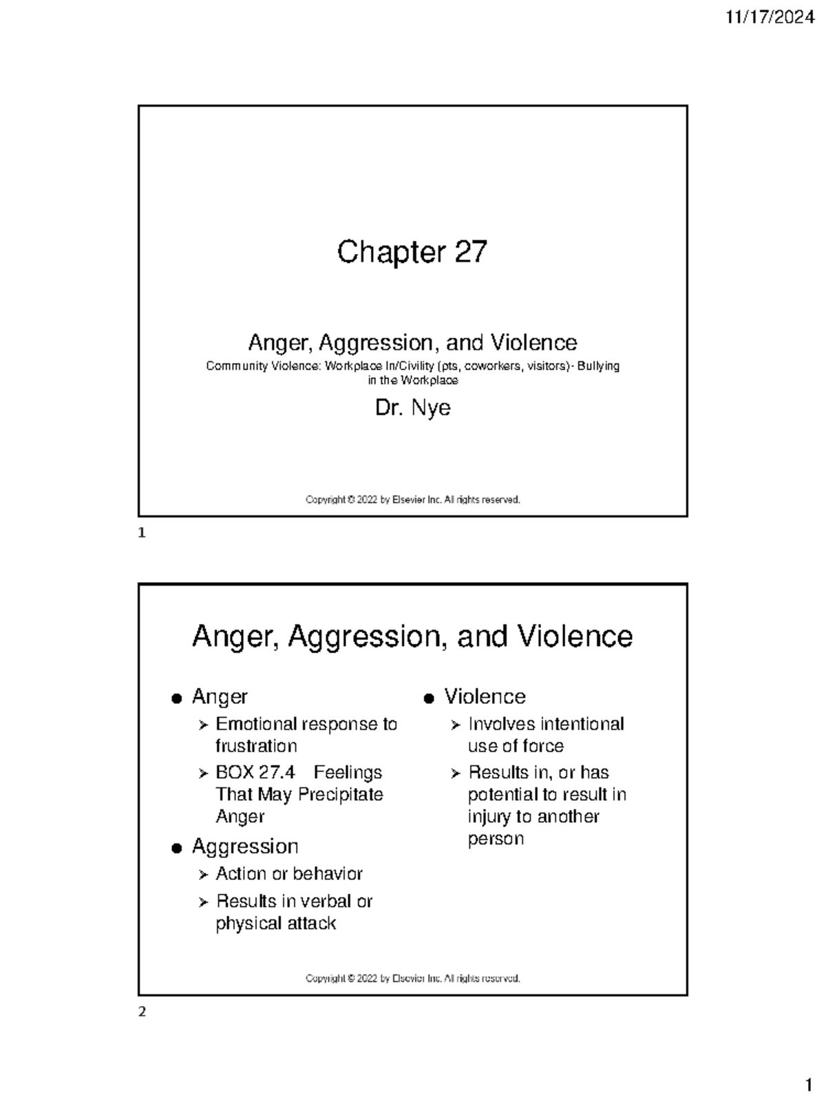 Violence & Byllying in the Workplace-student copy - Chapter 27 Anger, Aggression, and Violence ...