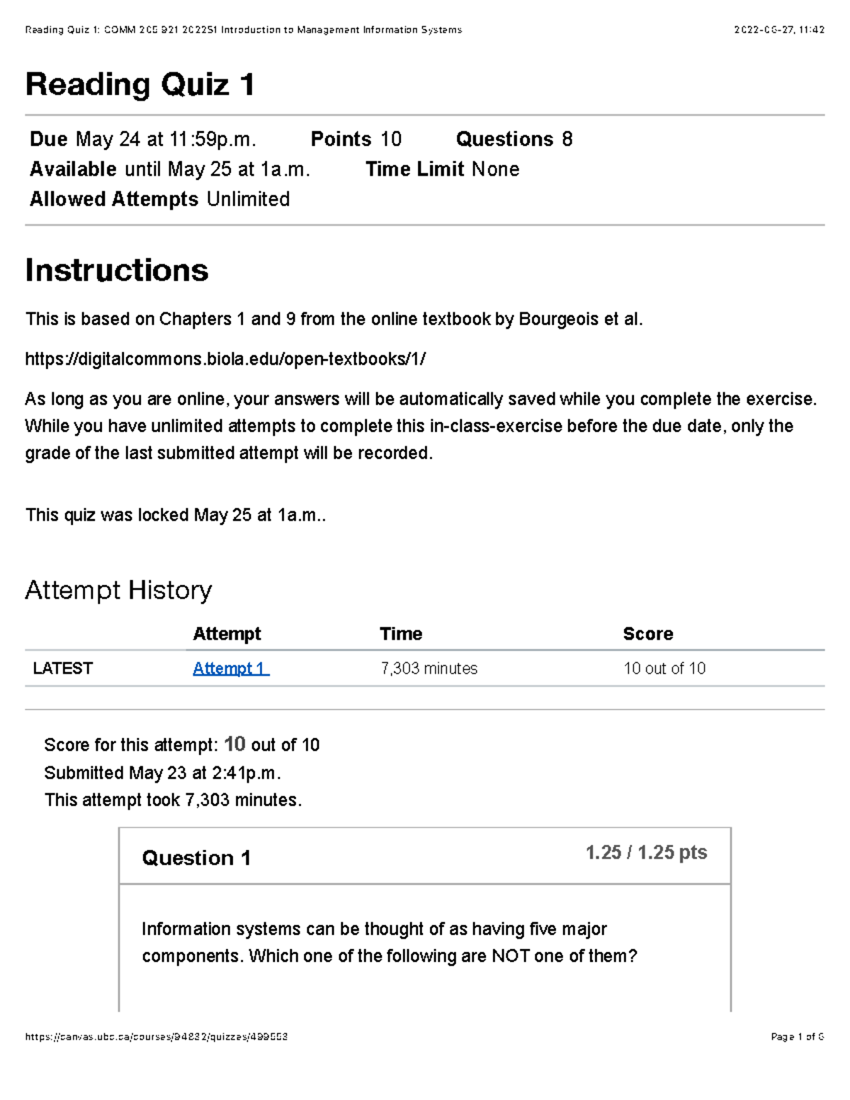 Reading Quiz 1 - Points 10 Questions 8 Available until May 25 at 1a ...