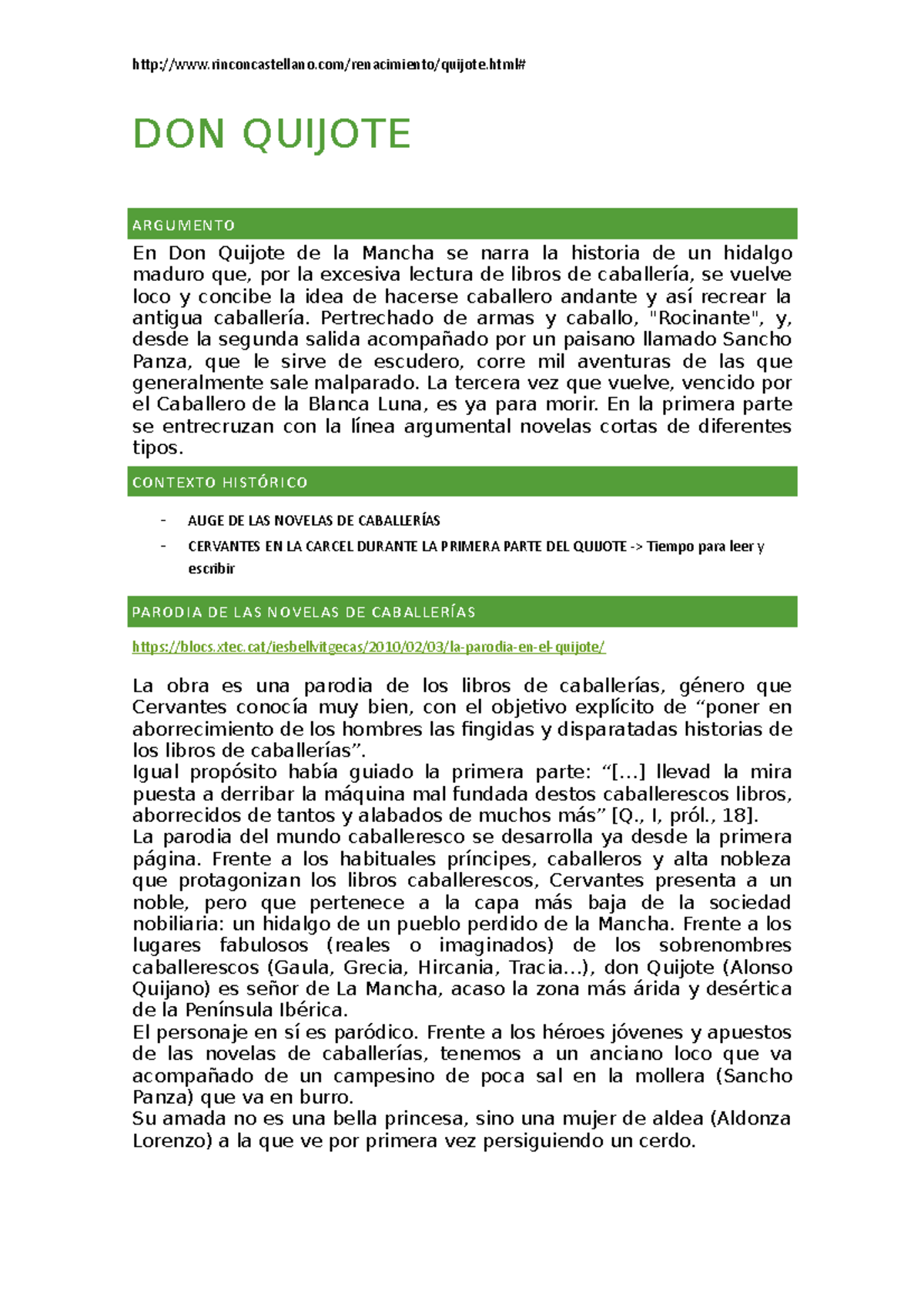 Apuntes Don Quijote - Preguntas PAU - DON QUIJOTE ARGUMENTO En Don ...