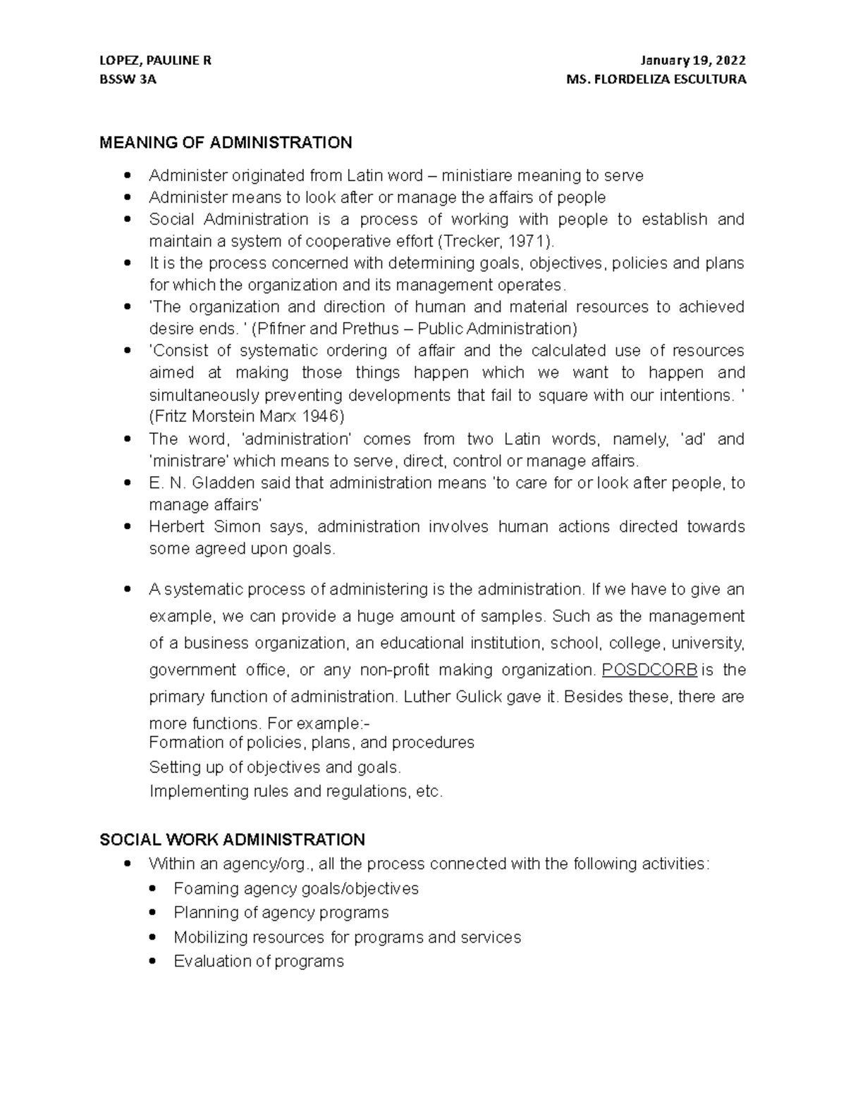Social work Administration and management - BSSW 3A MS. FLORDELIZA ...