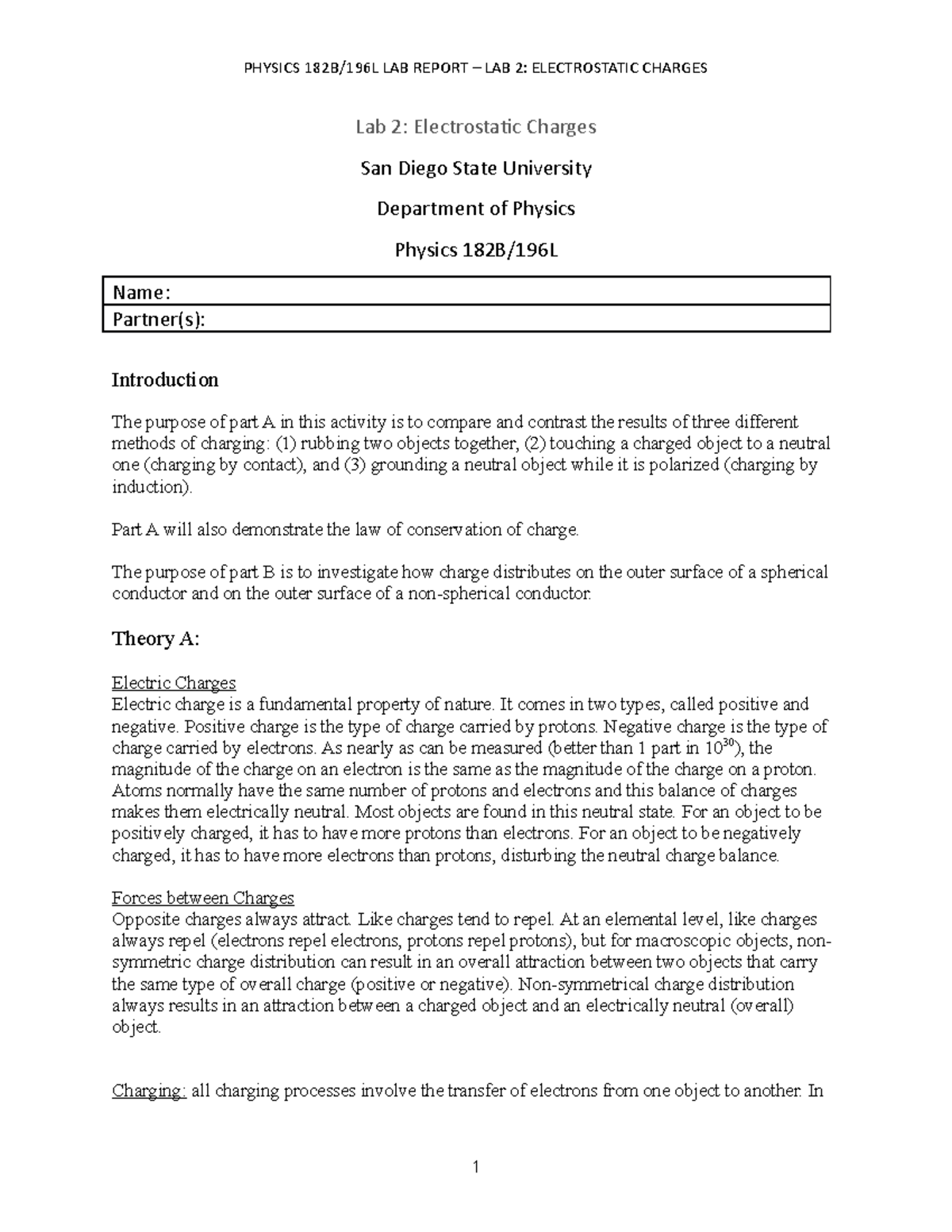 PHYS182B 196L Lab 2 - Electrostatic Charges-1 - Lab 2: Electrostatic ...