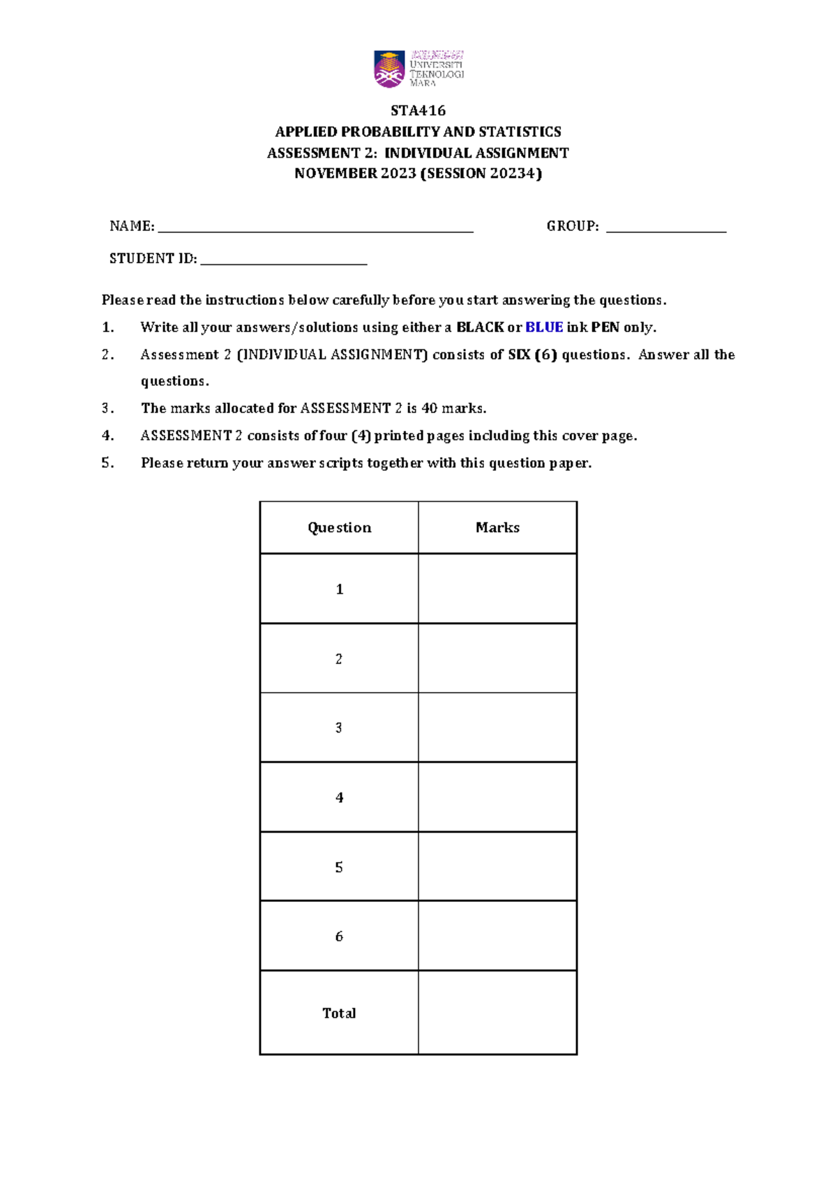 Assessment 2 ( Exercise) STA416 - STA4 16 APPLIED PROBABILITY AND ...