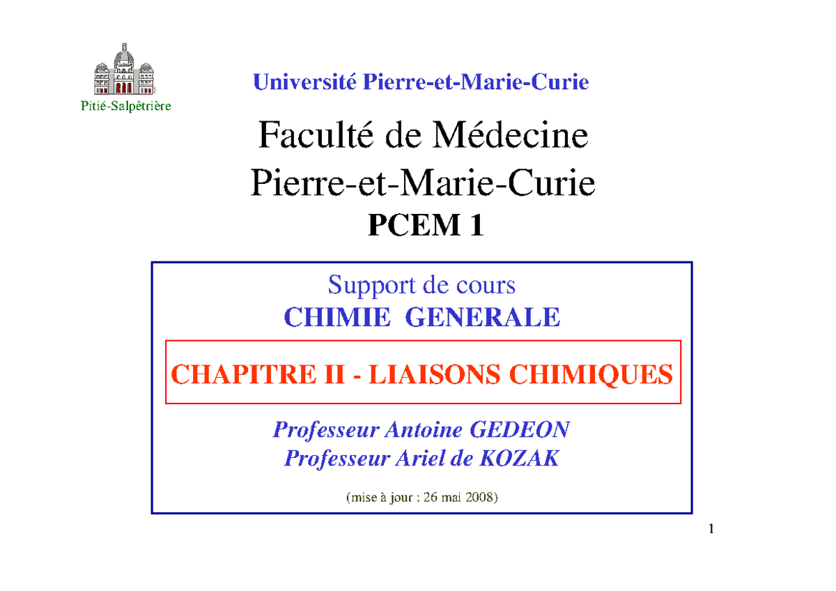 Liaisons chimiques - Faculté de Médecine Pierre-et-Marie-Curie PCEM 1 ...