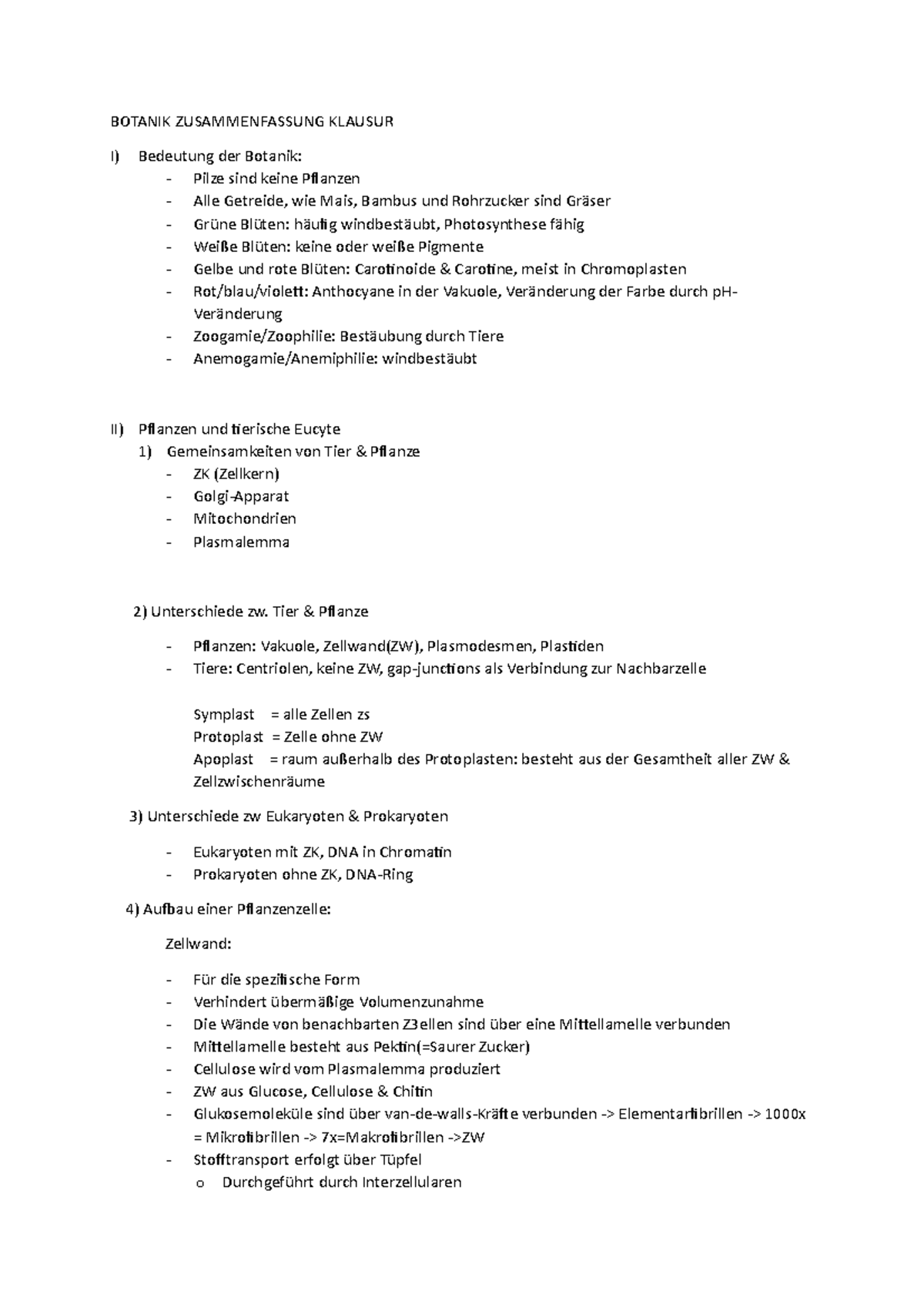 Probeklausur Wintersemester 2016/2017, Fragen und Antworten - BOTANIK ZUSAMMENFASSUNG KLAUSUR I ...