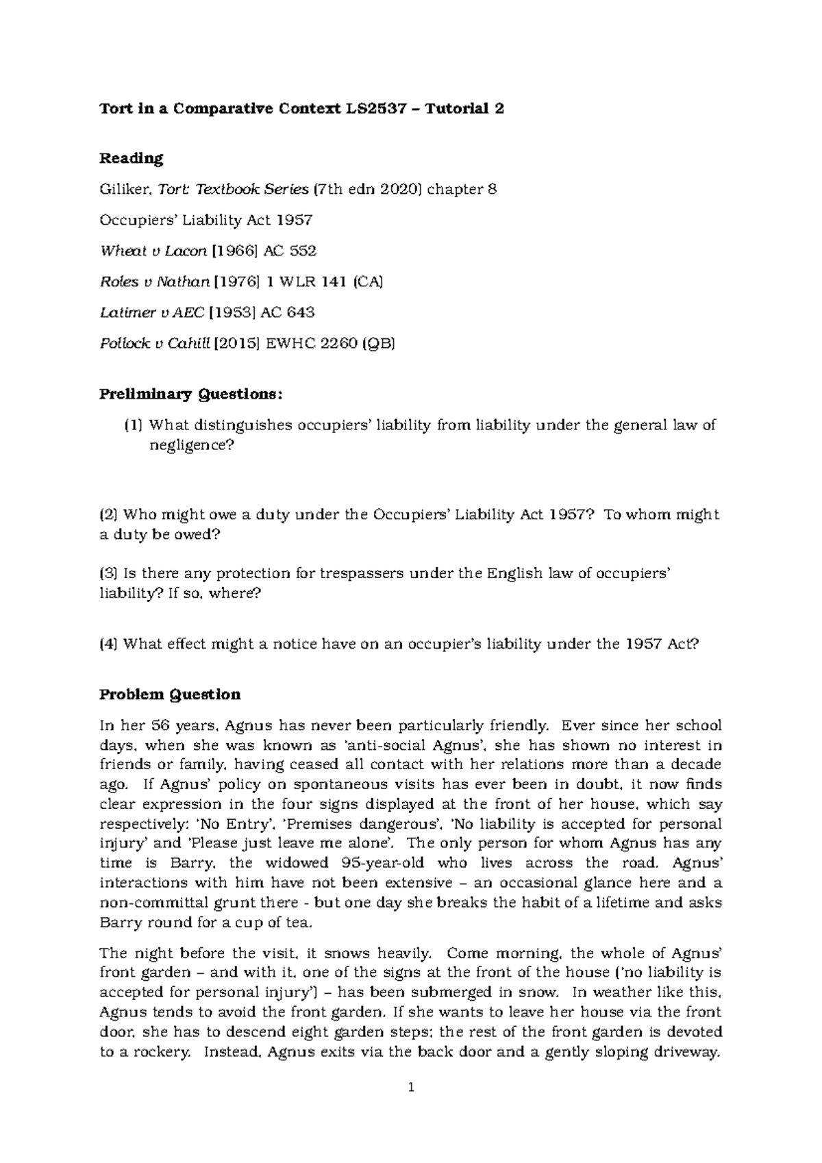 Tort LS2537 Tutorial 2 - Tort in a Comparative Context LS2537 – Tutorial 2 Reading Giliker, Tort ...