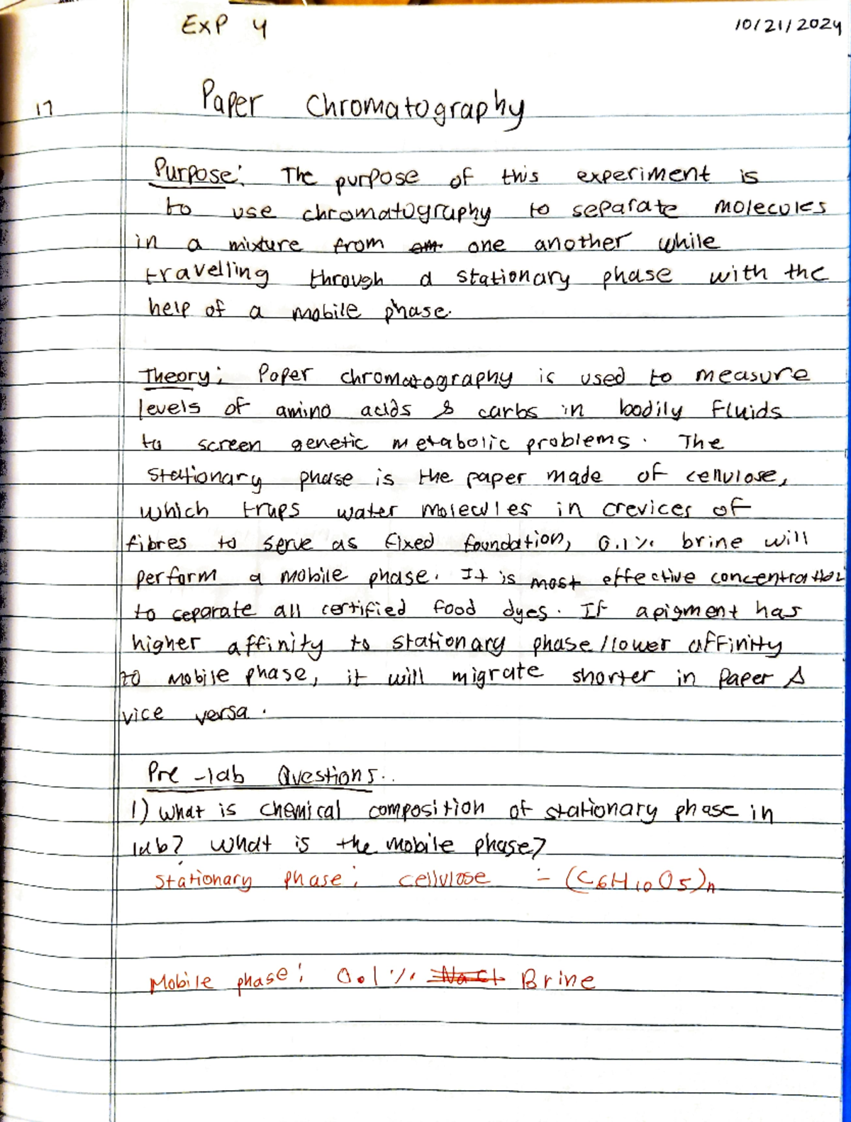 Exp 4 prelab - Lecture 1 notes - Purpose Yafer chromatograpy EraVellng ...