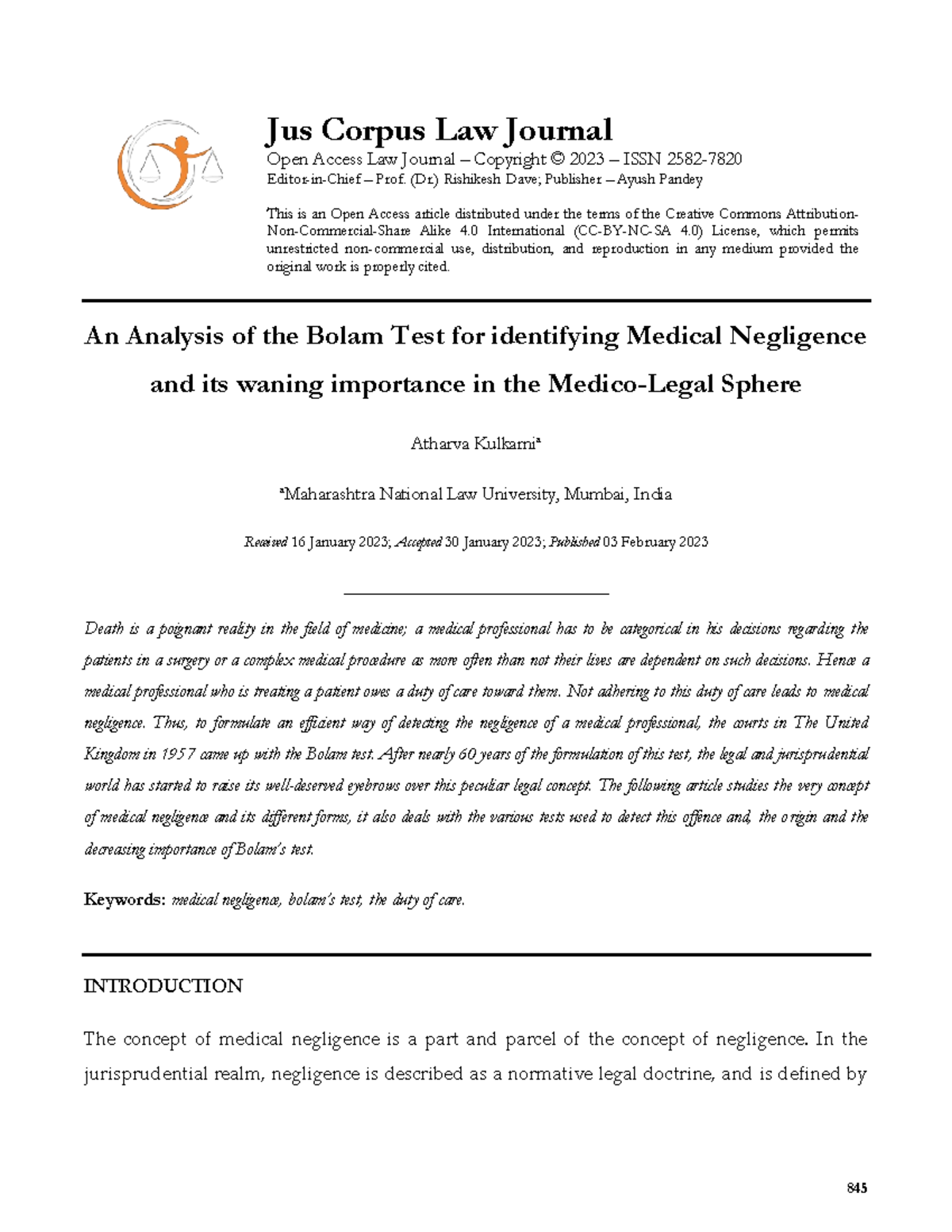 Analysis OF Bolam TEST - NOTES - Jus Corpus Law Journal Open Access Law ...