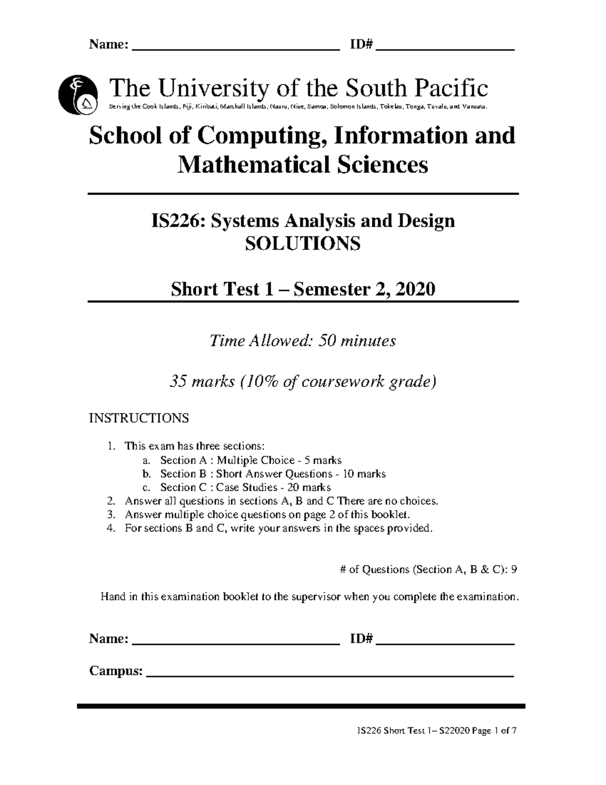 IS226 - Short Test 1 S22020 - Solutions - The University of the South ...