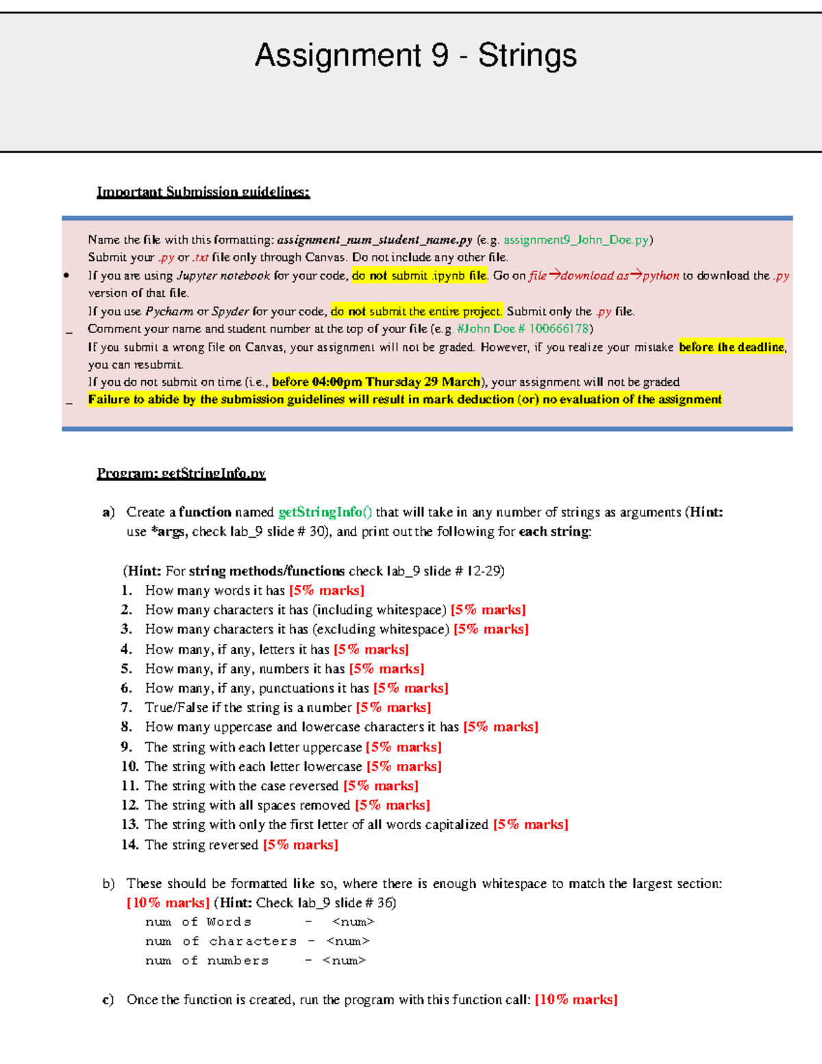 Lab9 assignment - Assignment 9 - Strings Name the file with this formatting: - Studocu