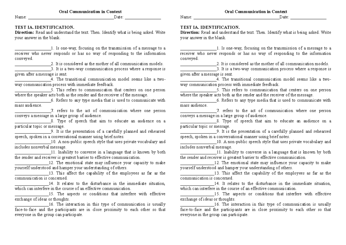 Oral Communication in Context - IDENTIFICATION. Direction: Read and ...