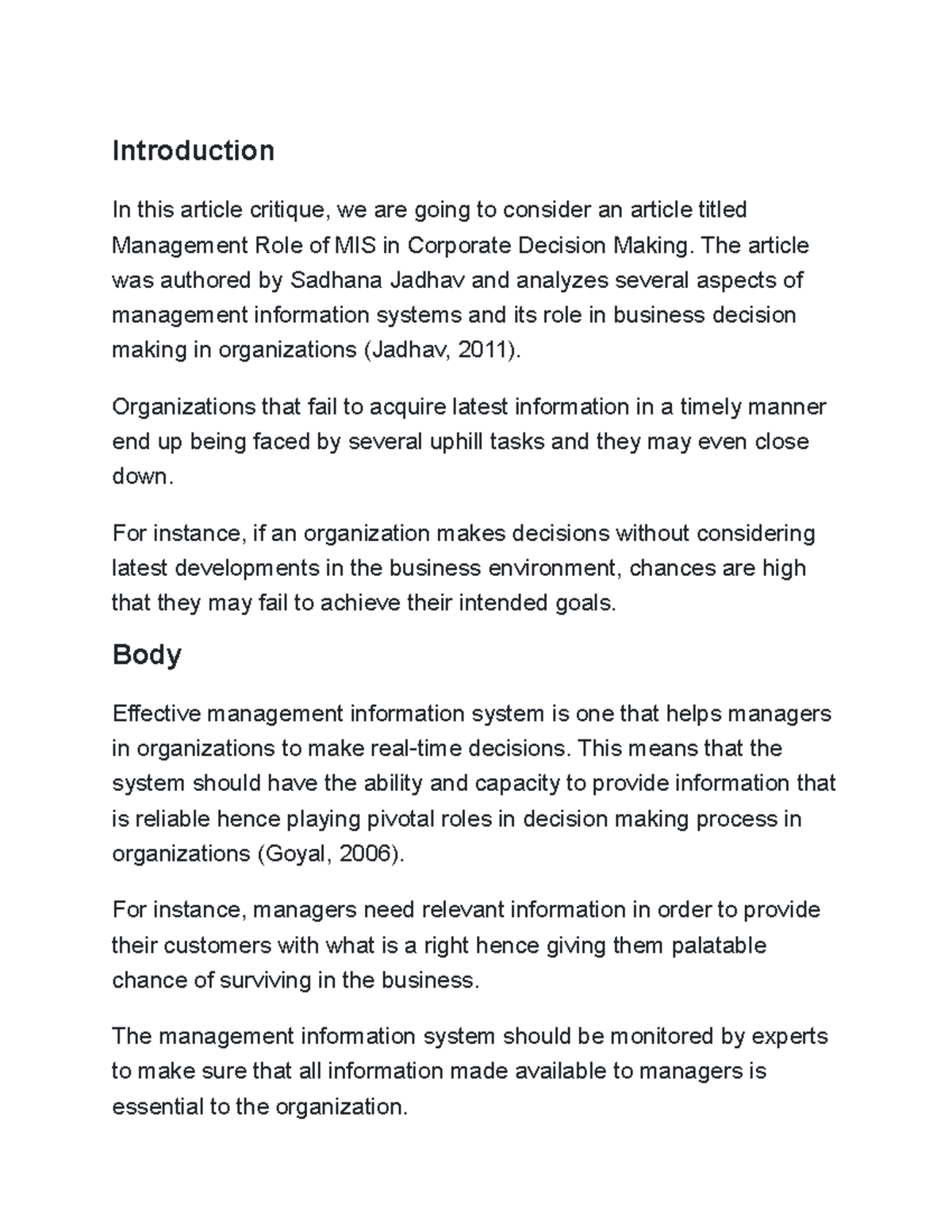 Information system - cool - Introduction In this article critique, we ...