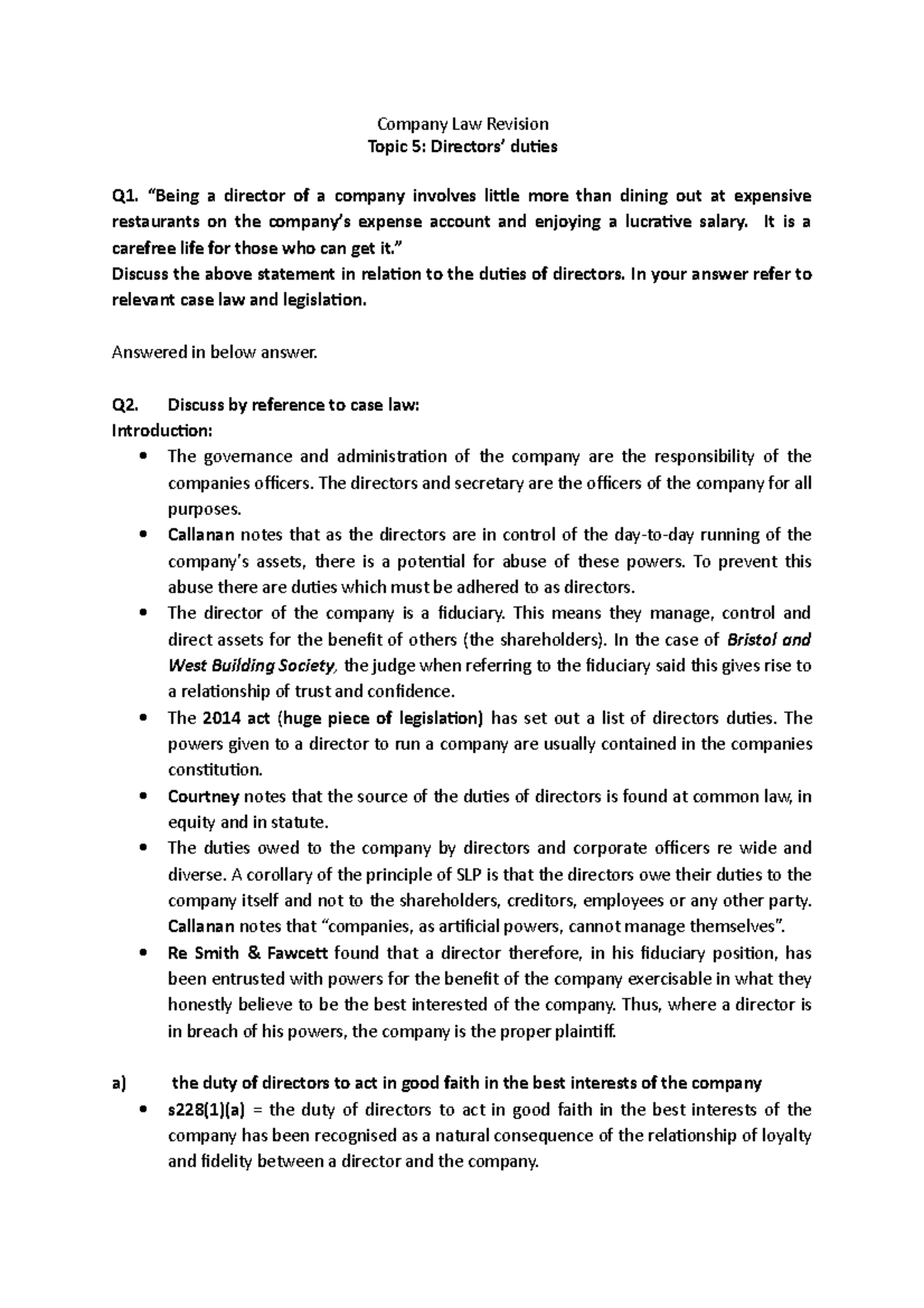 Directors duties - Company Law Revision Topic 5: Directors’ duties Q1 ...