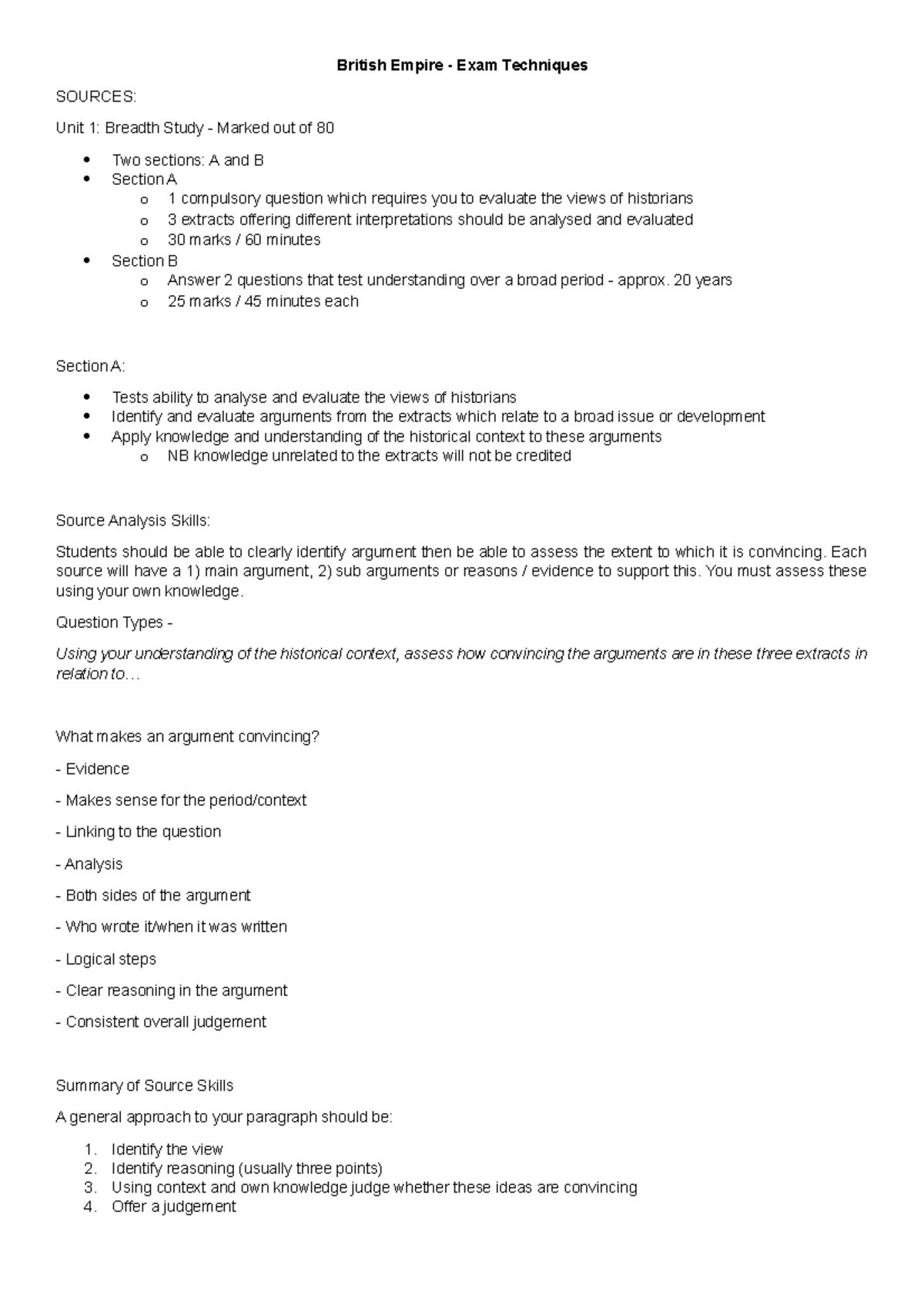 Empire Exam Technique - British Empire - Exam Techniques SOURCES: Unit ...