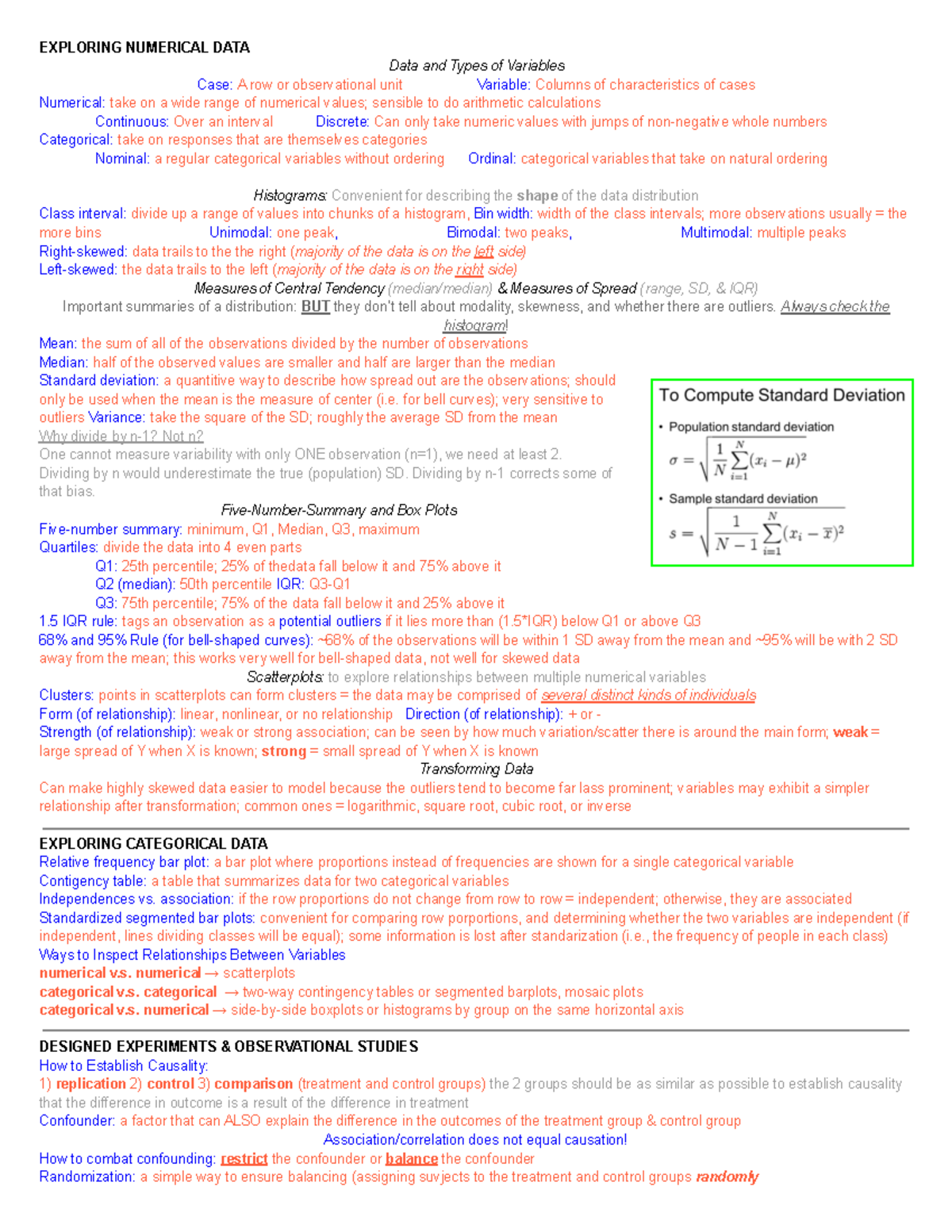 Oct 17 EXAM 1 - Note sheet - EXPLORING NUMERICAL DATA Data and Types of ...